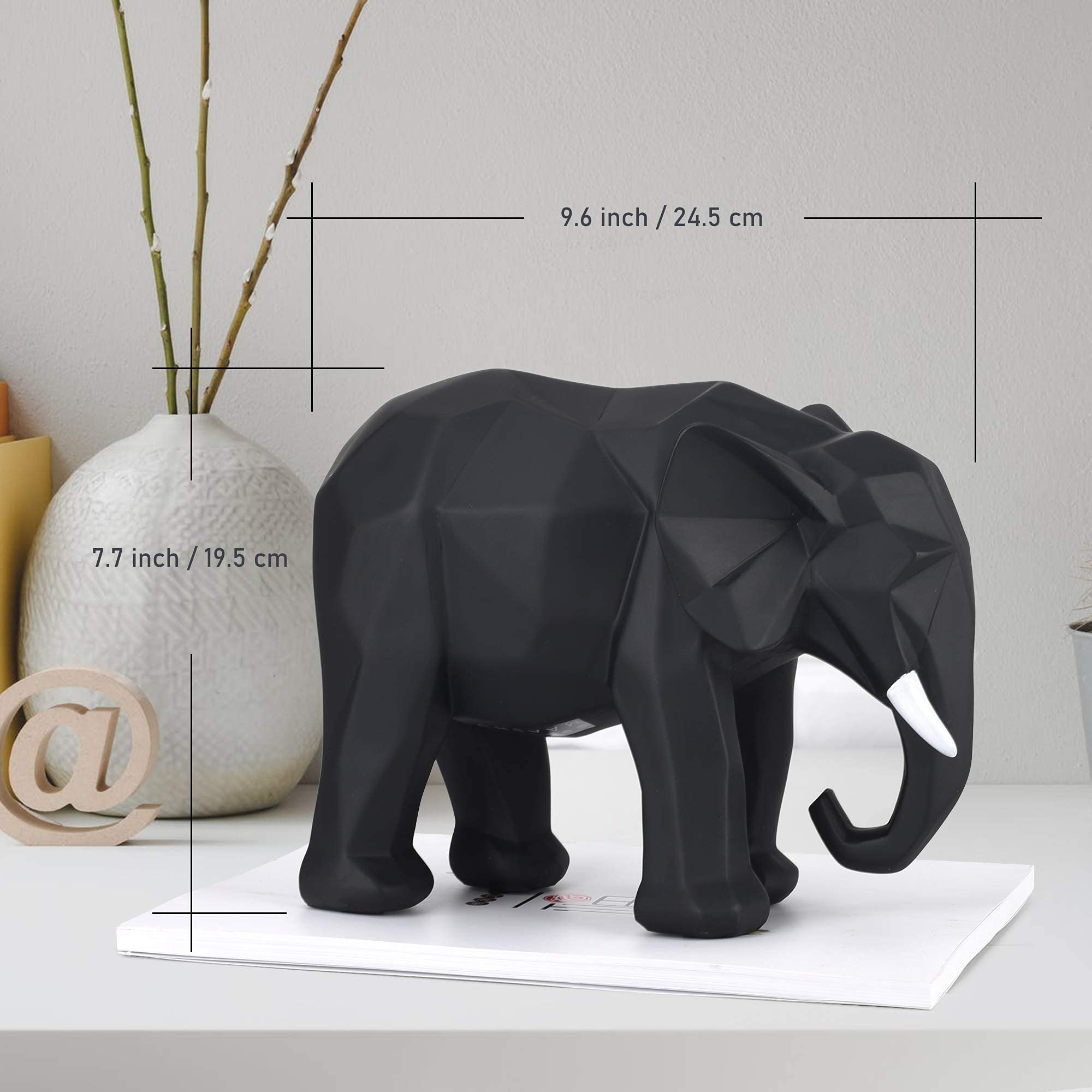 maashu Home Décor Elephant Statue, Interior Design Modern Figurine, Black Geometric Boho Chic Hand Sculpture, Large Good Luck Feng Shui Outdoor Garden Animal, Smooth Texture with Matte Finish