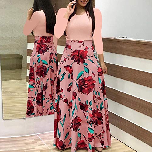Pinkpaopao Swing Maxi Dress for Women Long Sleeve Patchwork Empire Waisted Long Dress Pattern Print Pleated Dress