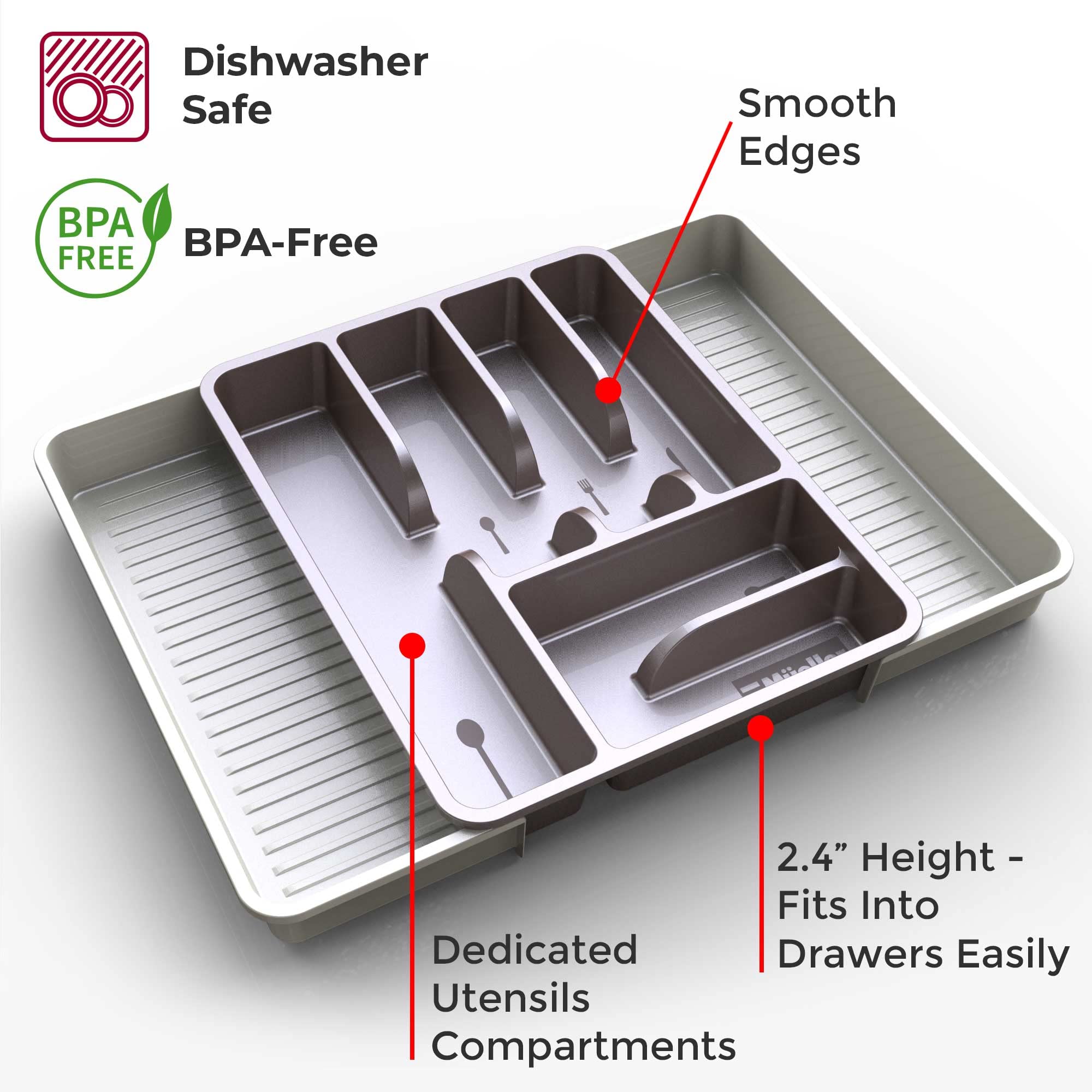 Mueller Large Flatware Kitchen Drawer Organizer, Expandable 19.7" x 15" Silverware Organizer, 6 Compartments, Heavy-Duty, Cutlery Tray for Utensils or Stuff, Dining Room, Living Room, Beige Mocha