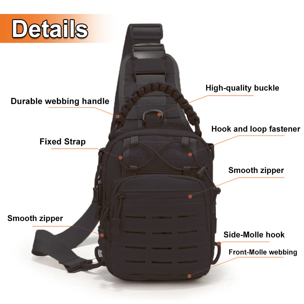 Tactical Shoulder Bag for Men, Military EDC Sling Bag with Molle Systerm for Cycling Hiking Camping Metal Detecting (Black)