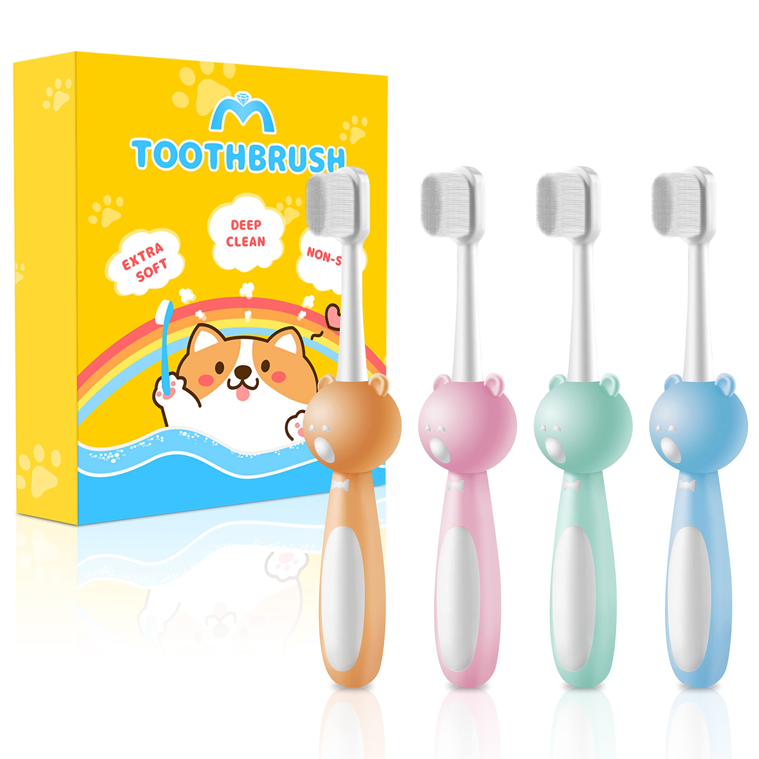 STORTOP 4 Packs Kids Toothbrush, Extra Soft Lovely Little Bear Toothbrush for Kids 1-8 YearsPink&Orange&Blue&Green