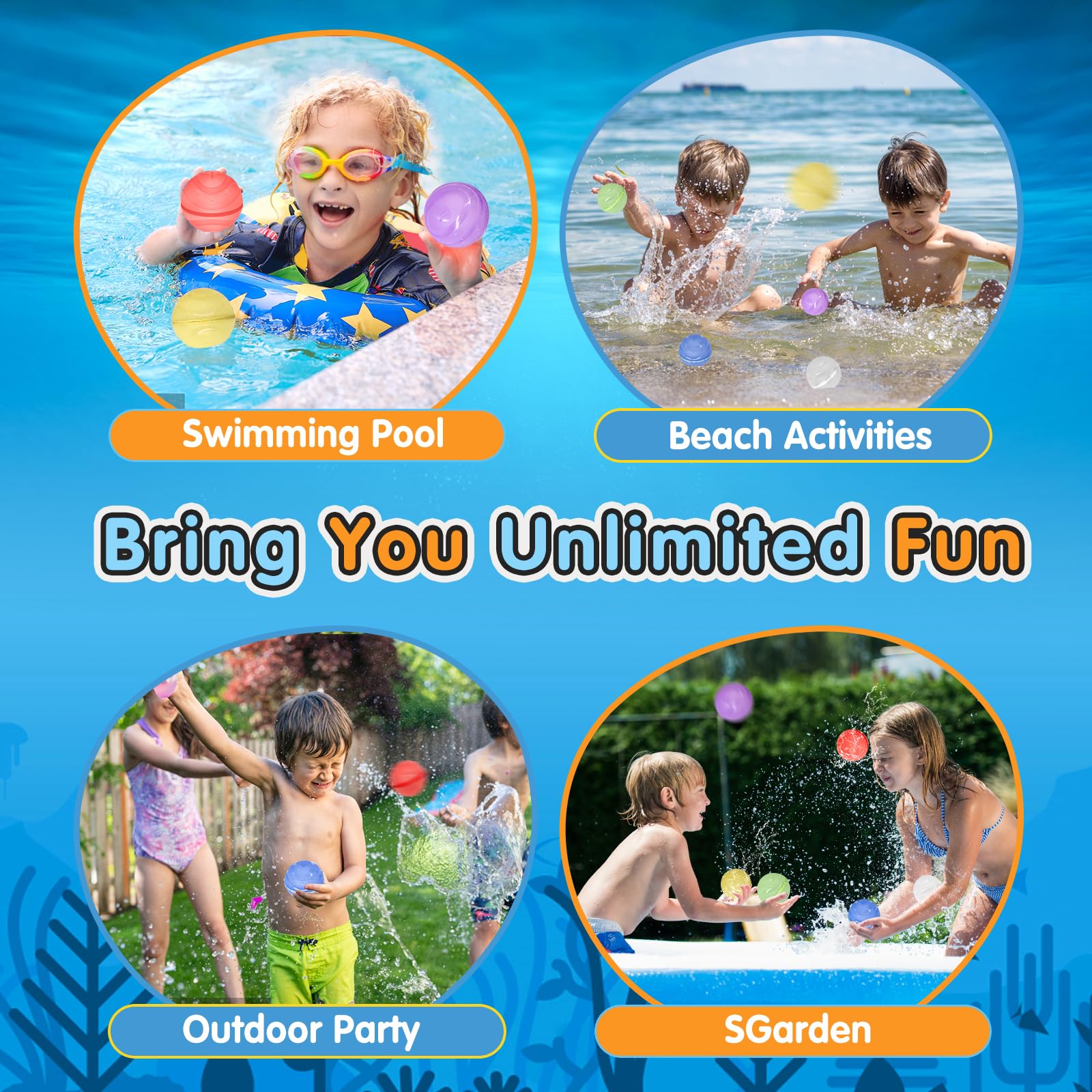 Koknwoa Reusable Water Balloons,Water Balloons Quick Fill & Magnetic Self Sealing,Refillable Water Balls Beach Pool Bath Toys for Kids, 6PC