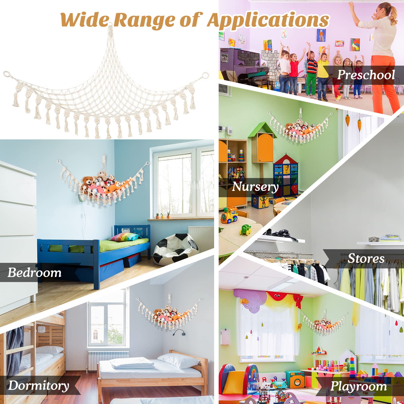 Stuffed Animal Net or Hammock, Stuffed Animal Storage Hammock for Wall with LED Light - Boho Hanging Plush Toy Organizer Corner Net for Kids Bedroom Large Capability Toy Hammock