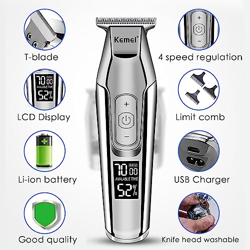 KEMEI Men's LCD Display Baldheaded Hair Clipper Professional Beard Hair Trimmer Tools Electric Haircut Cutter Machine Rechargeable Edger,Cordless and USB Rechargeable