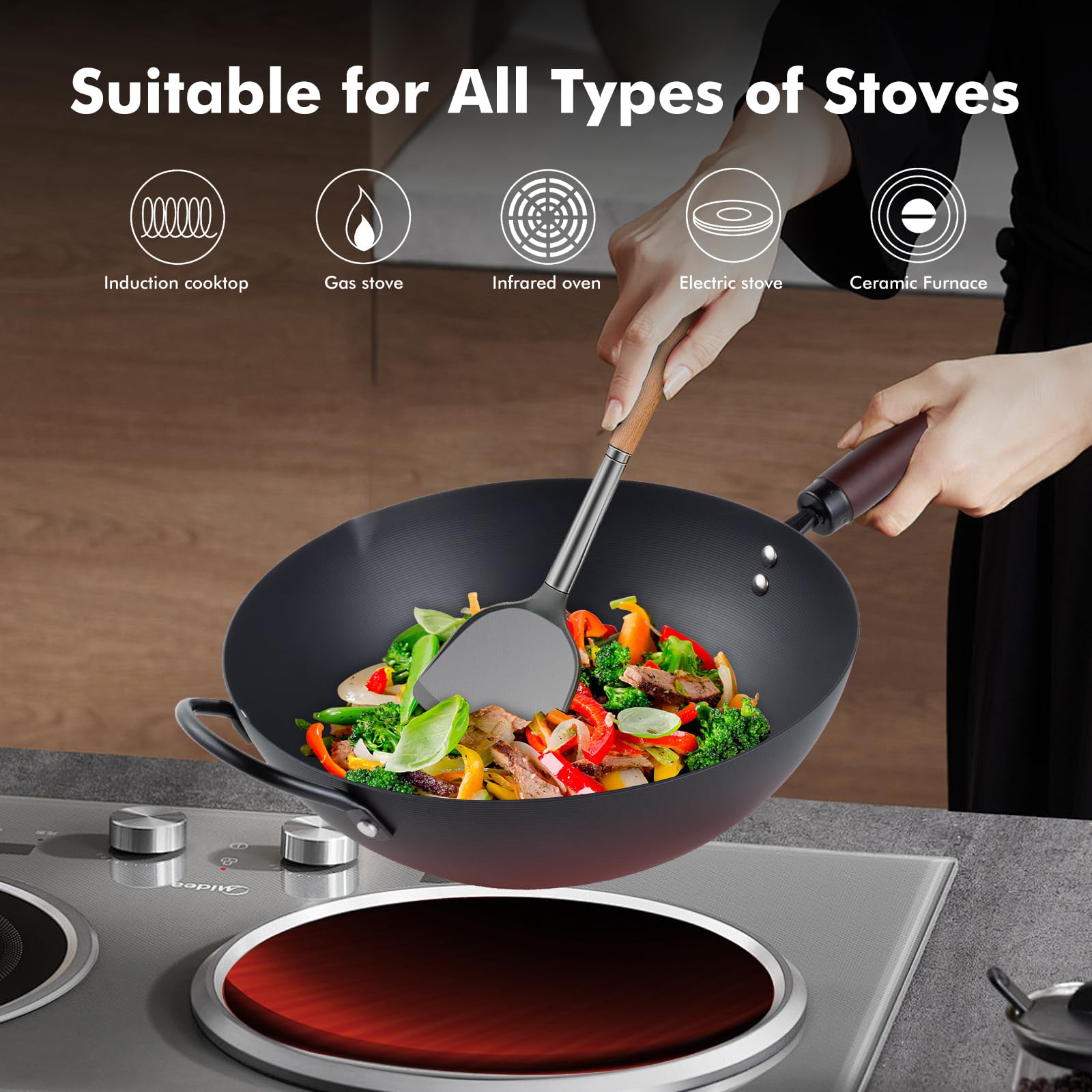 Vegoran Carbon Steel Wok Pan,12.5" Non-Stick Woks & Stir-Fry Pans with Glass Lid,No Chemical Coated Flat Bottom Iron Wok for Induction,Electric,Gas,Halogen,All Stoves-Practical Gift (12.5")