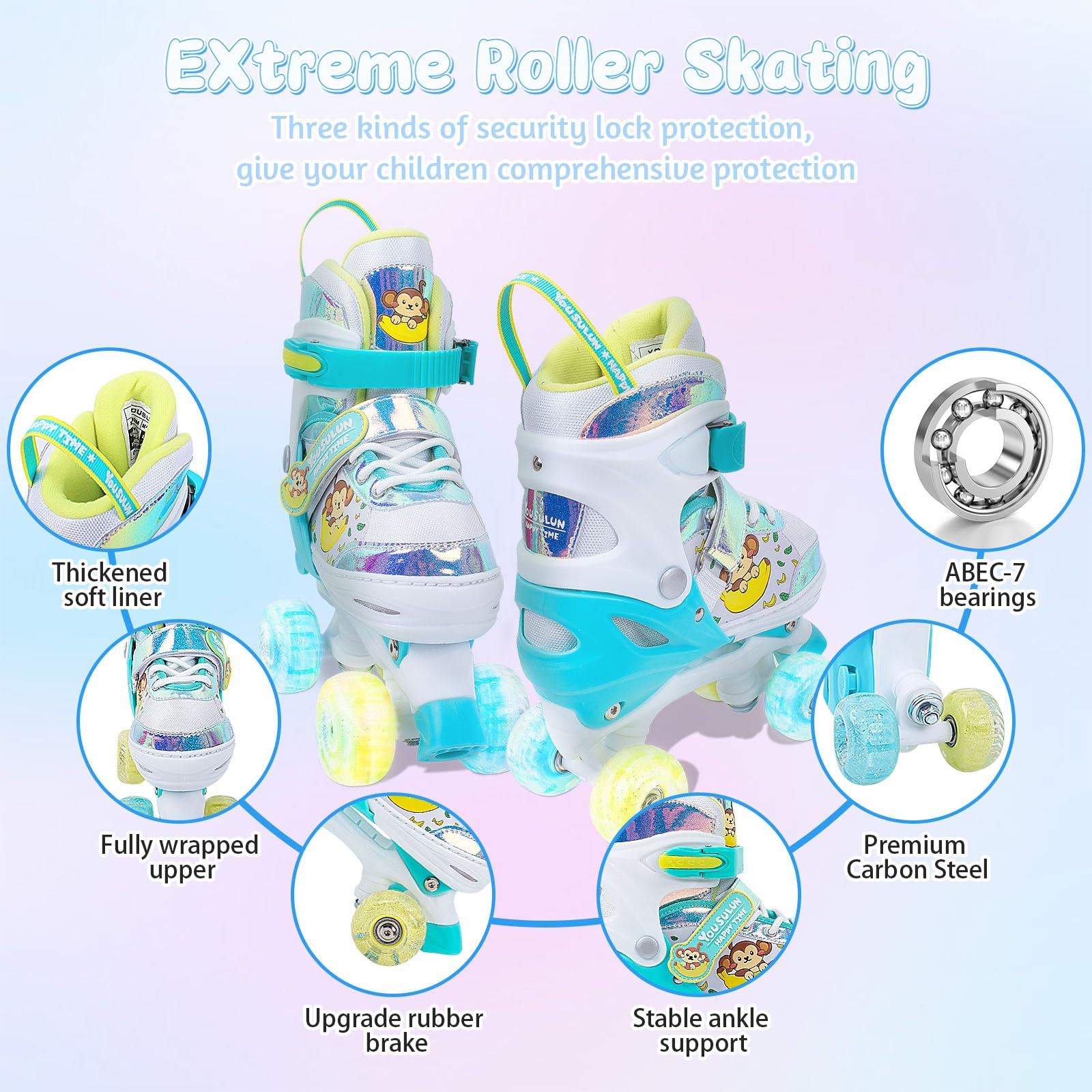 Kids Roller Skates with Light up Wheels 4 Sizes Adjustable Fun Illuminating Roller Skates for Toddler Kids Beginners Outdoor Skating with Hard-Shell Ankle Support (Pink, Large-(4Y-7Y))