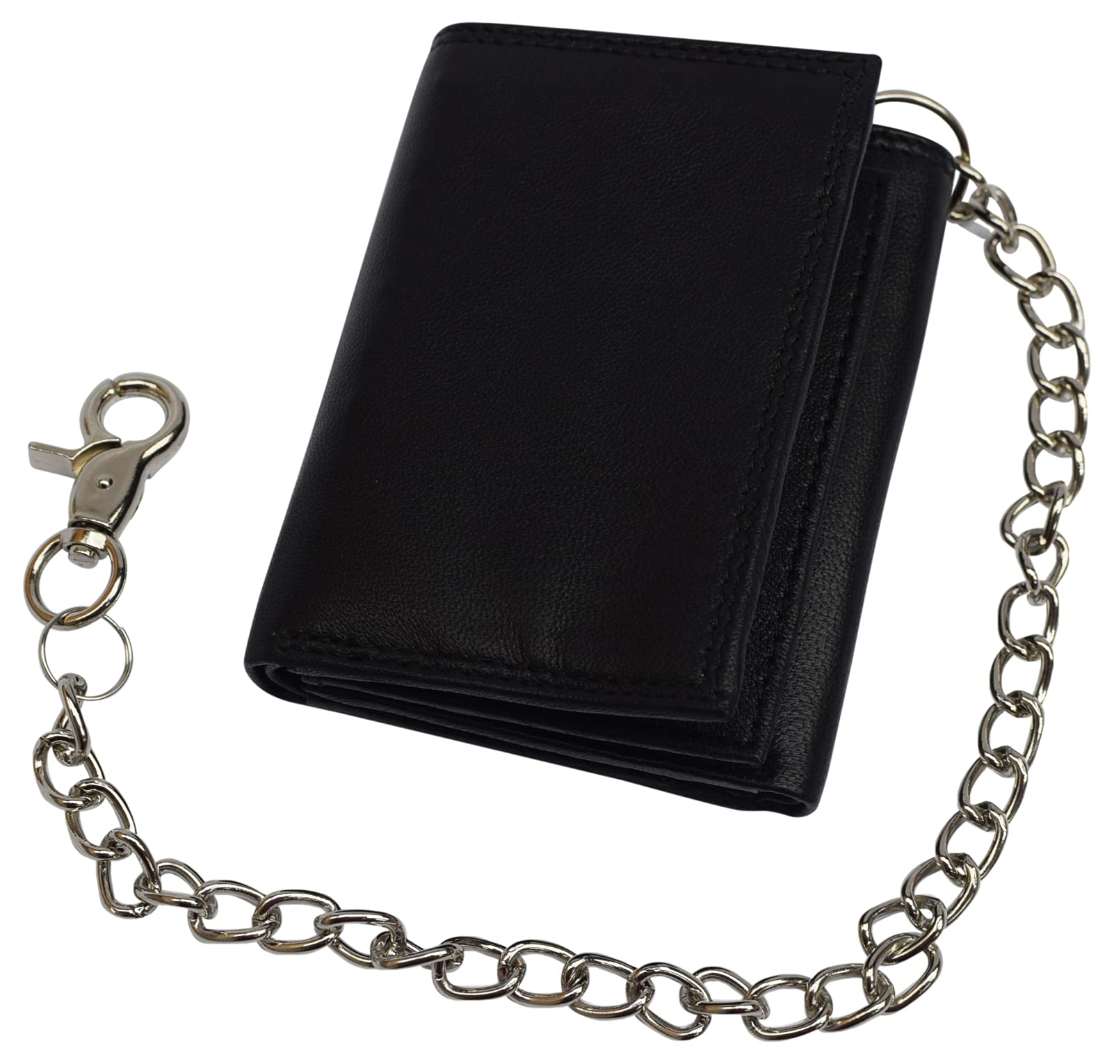 Men's RFID Blocking Premium Leather Chain Trifold Wallet (Black with Chain)