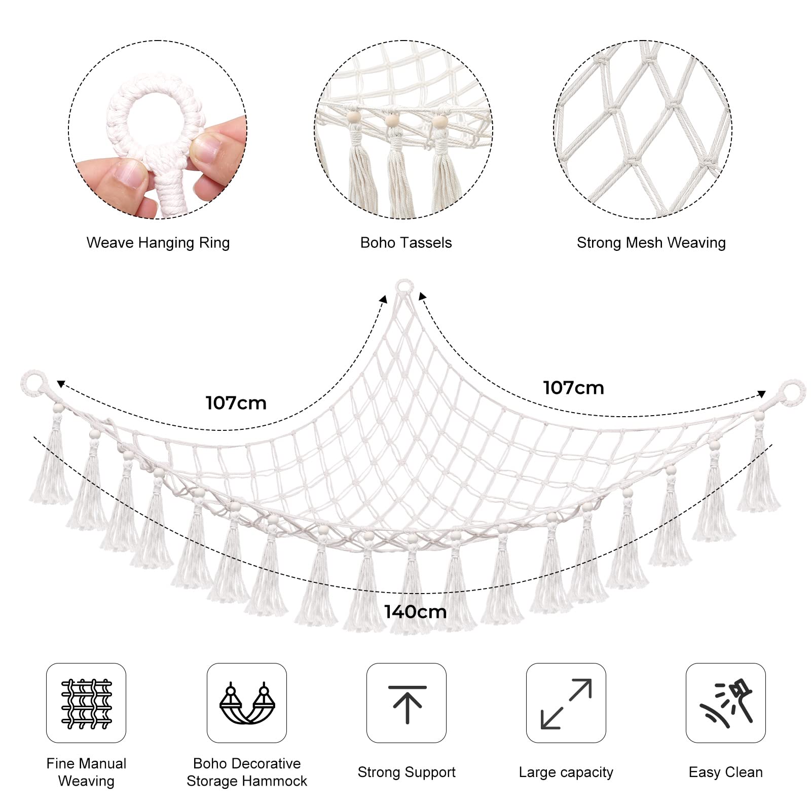 Stuffed Animal Net or Hammock with Led Light - Boho Stuffed Animal Storage Organizer, Plush Toy Hammock Net, Hanging Plushie Net, Toddler Hammock for Nursery Kids Room Decor