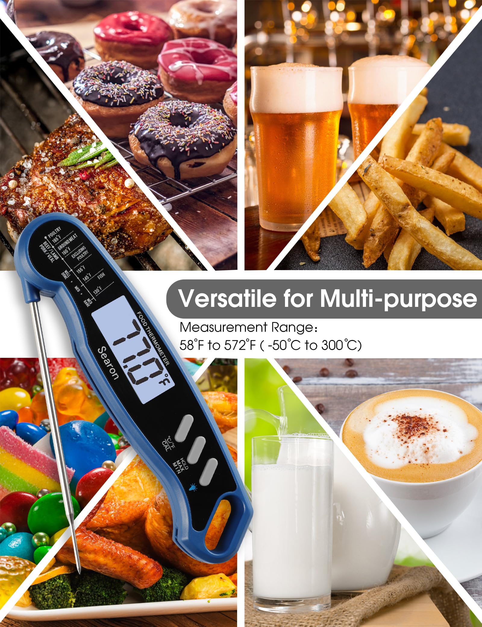 Searon Meat Thermometer,Calibration Feature Digital Food Thermometer with Instant Read Out,Backlight and Waterproof,Kitchen Thermometer for BBQ Grilling, Smoker, Baking Turkey