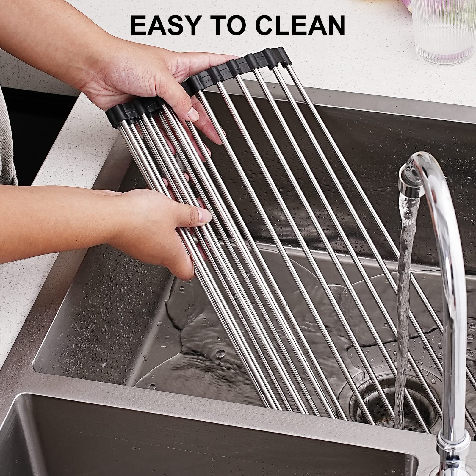 NileHome Roll Up Dish Drying Rack, Sink Drying Rack Over Sink Dish Drying Rack 304 Stainless Steel Foldable Drain Rack for Kitchen Sink Counter Utensils Vegetables and Fruits (17.5''X16.5''),Black