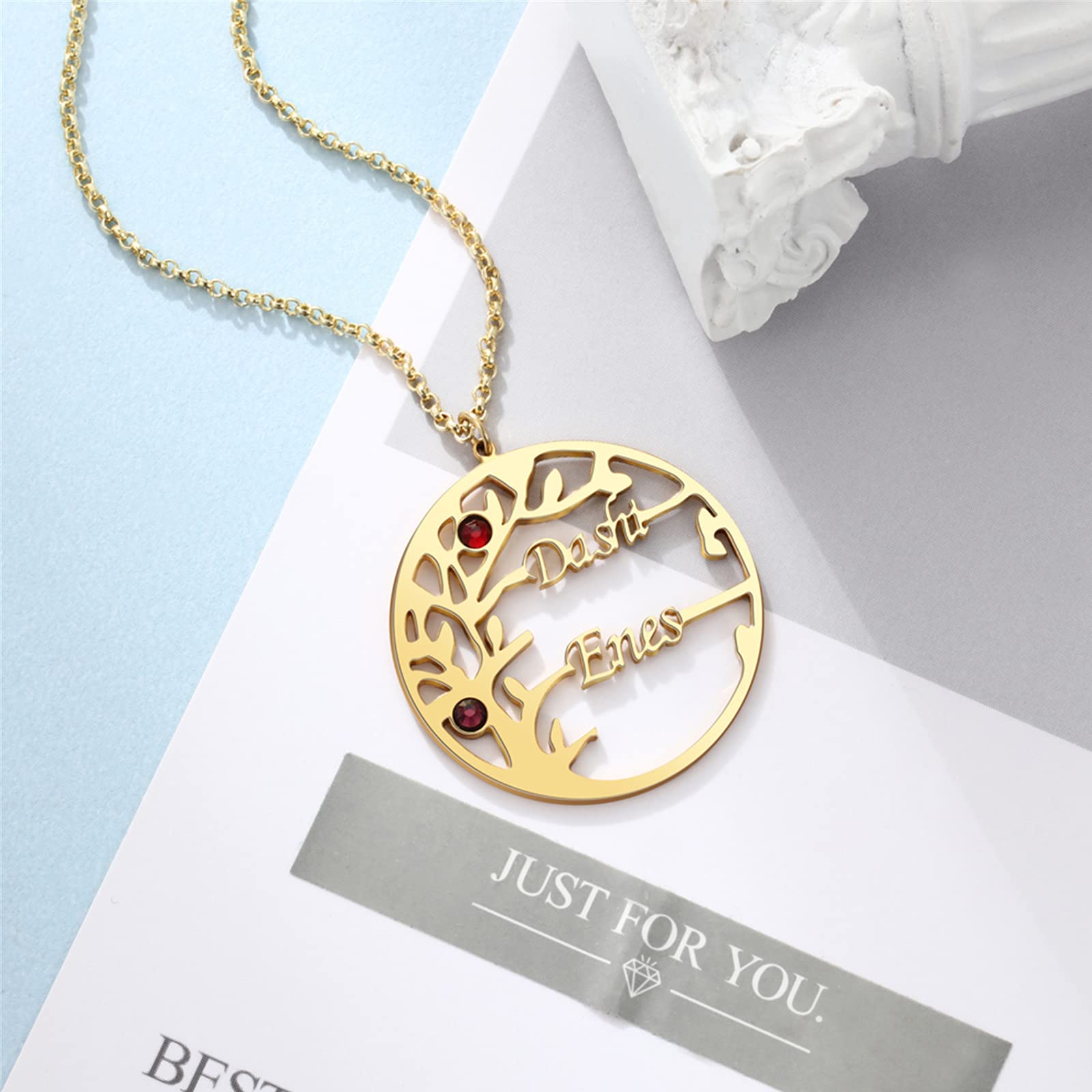 MRENITE 10k 14k 18k Solid Yellow Gold Personalized Name Family Tree Necklace with Birthstone –Dainty Nameplate Tree of Life Birthstone Pendant- Custom Any Name Gift for Womens Adults Mens (2 names)