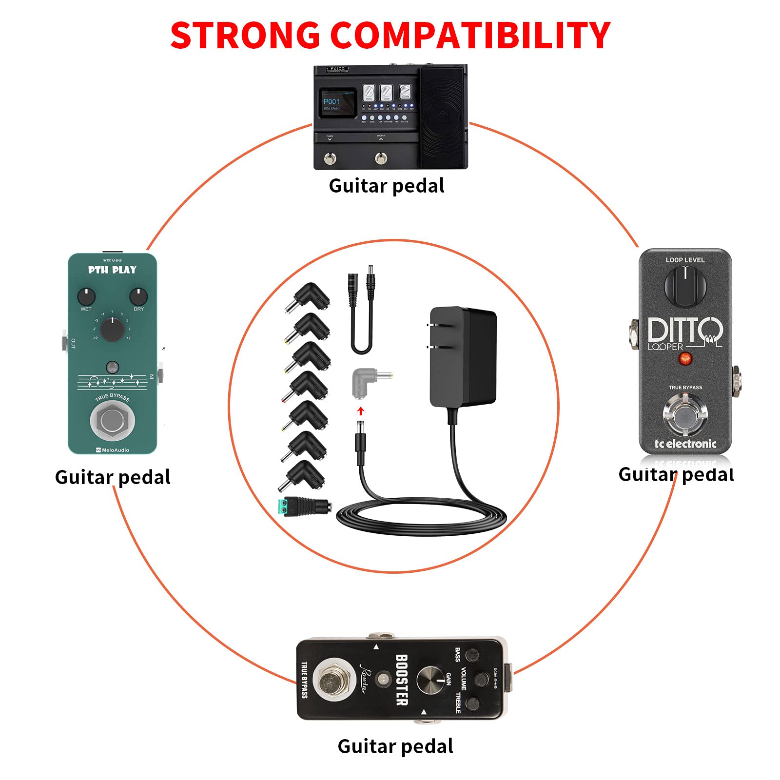 MEROM Guitar Pedal Power Supply 9V 1A AC DC Power Adapter Charger for Electronic Effects Booster Pedal Power Supply with Negative 5 Way Daisy Chain Cable