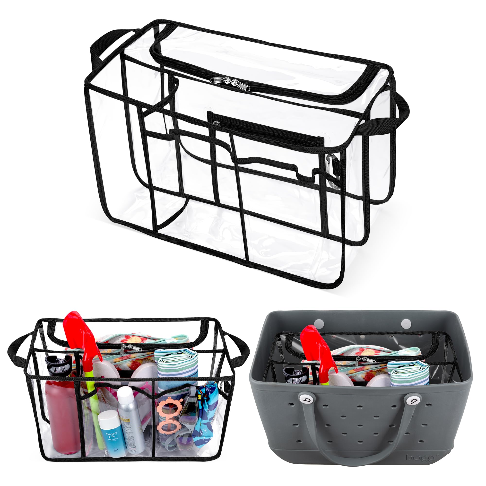 Rexmica Clear Beach Bag Organizer Insert Compatible with Bogg Bag X Large, Waterproof Beach Bag Insert Divider Pouch, Beach Tote Bag Insert Organizer Liner 15.6 x 8.4 x 10.8 Inches, Black
