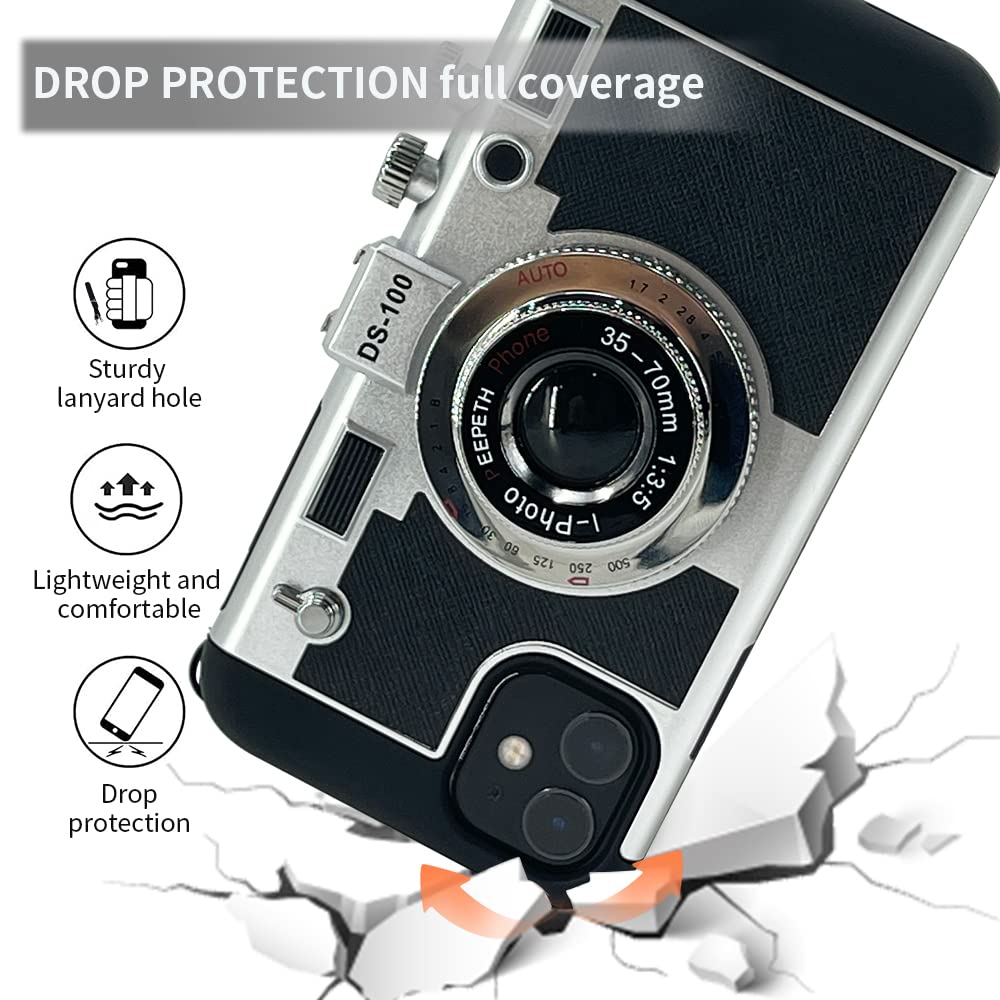 Mscomft Emily in Paris Phone case for iPhone 12/12 Pro, Vintage Camera Phone Case, 3D Vintage Camera Design Phone case That Looks Like a Camera,with Long Anti-Lost Lanyard(for iPhone 12 pro) Black