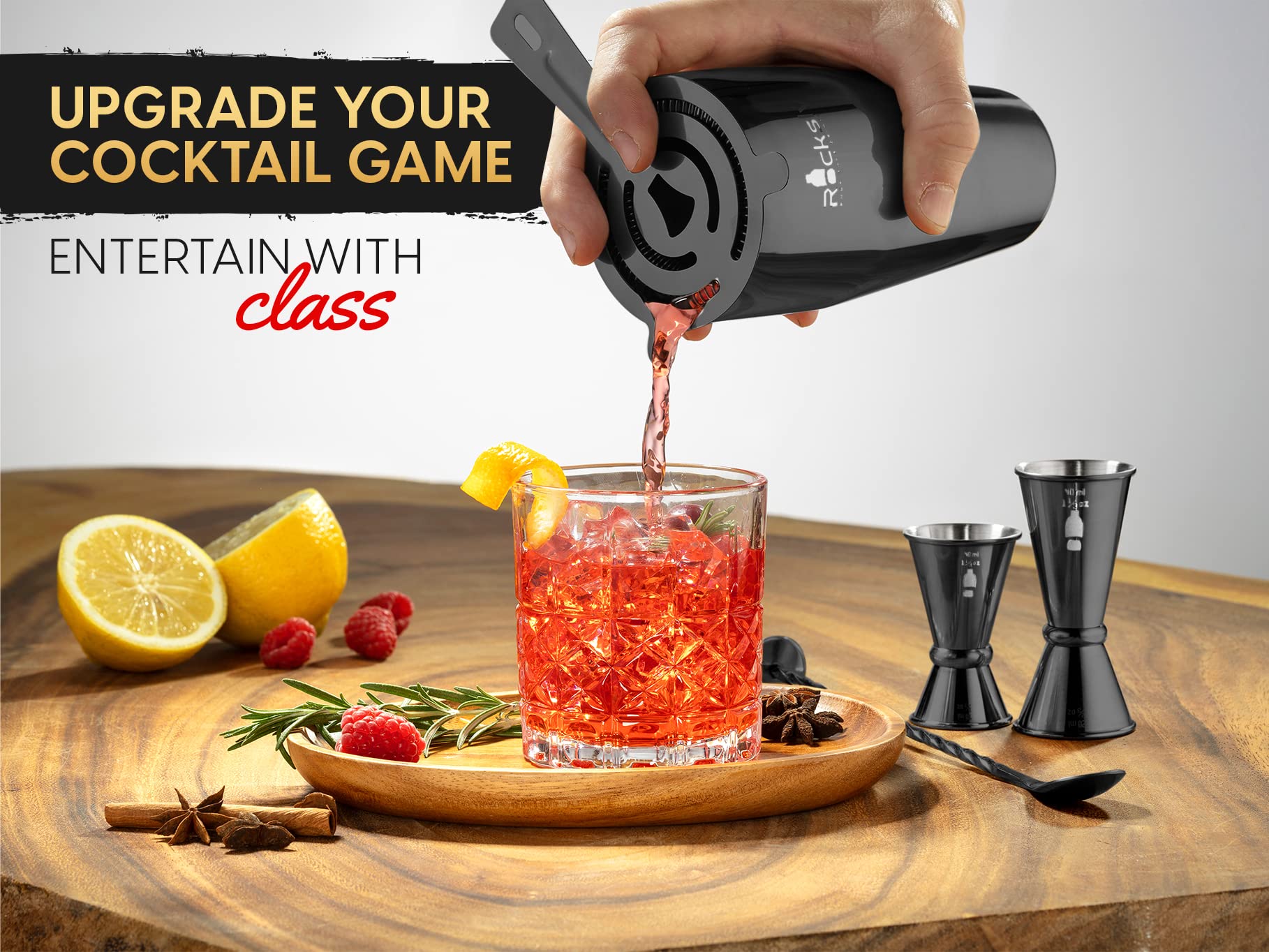 ROCKSLY Mixology Bartender Kit and Cocktail Shaker Set for Drink Mixing | Mixology Set with 6 Bar Set Tools and Bamboo Stand Makes It The Perfect Home Cocktail Kit | Complete Bartender Kit (Black)