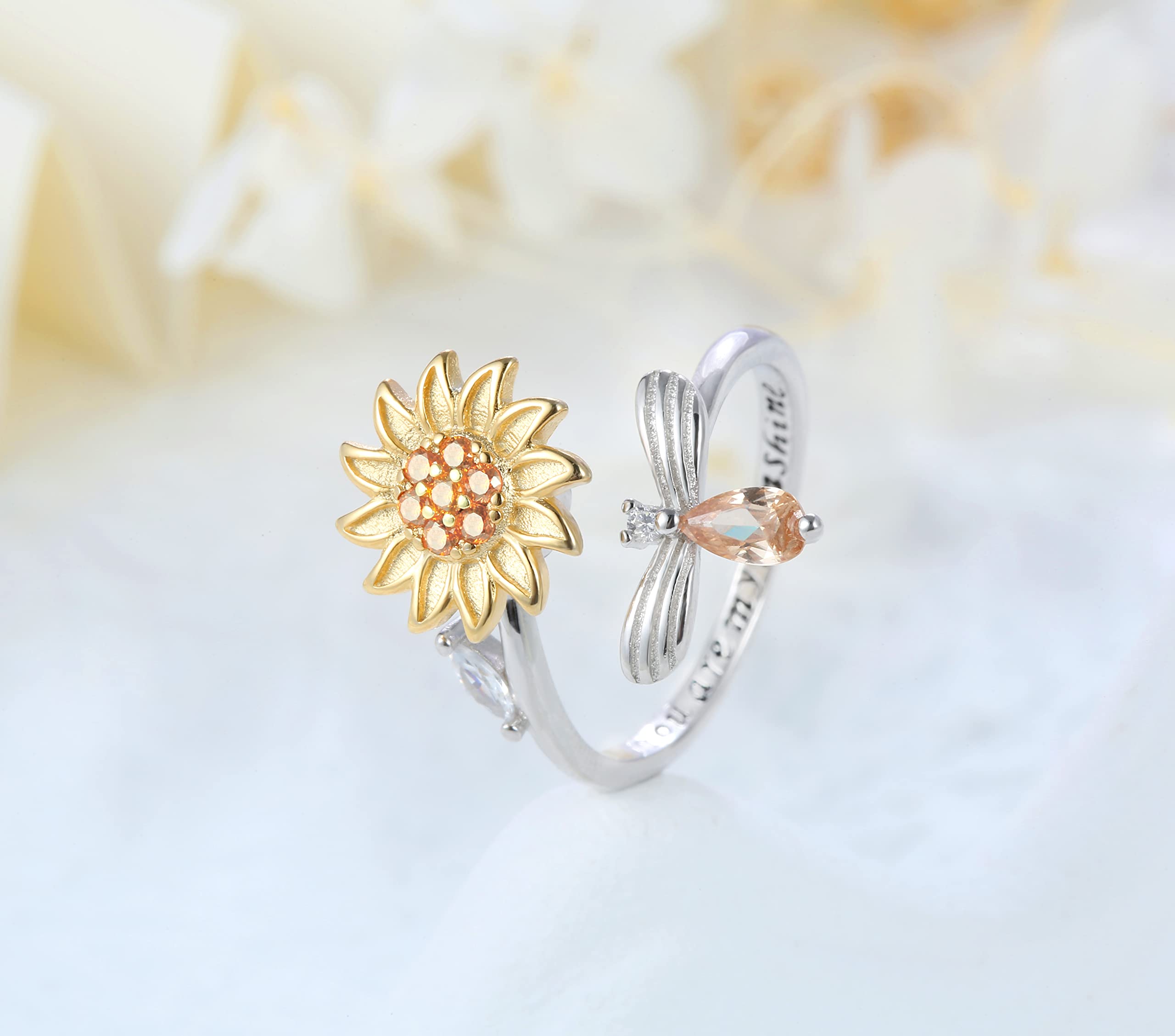LYLYMIMI Sterling Silver Fidget Anxiety Rings for Women Adjustable Open Ring Cubic Zirconia Sunflower Spinner Jewelry -b