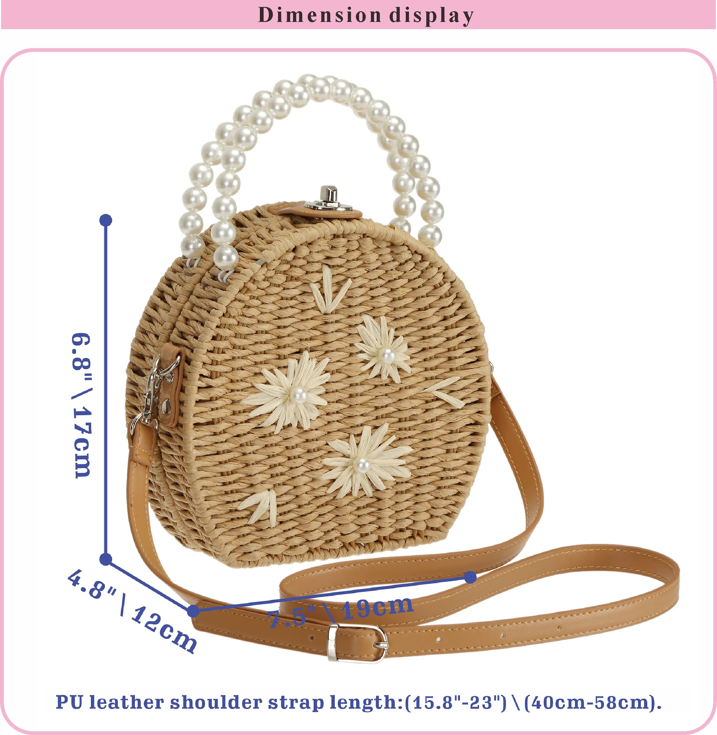 TaiGuri Women's Handmade Straw Artificial Pearl Handle Flower Woven Purse Handbag Tote Bag Khaki
