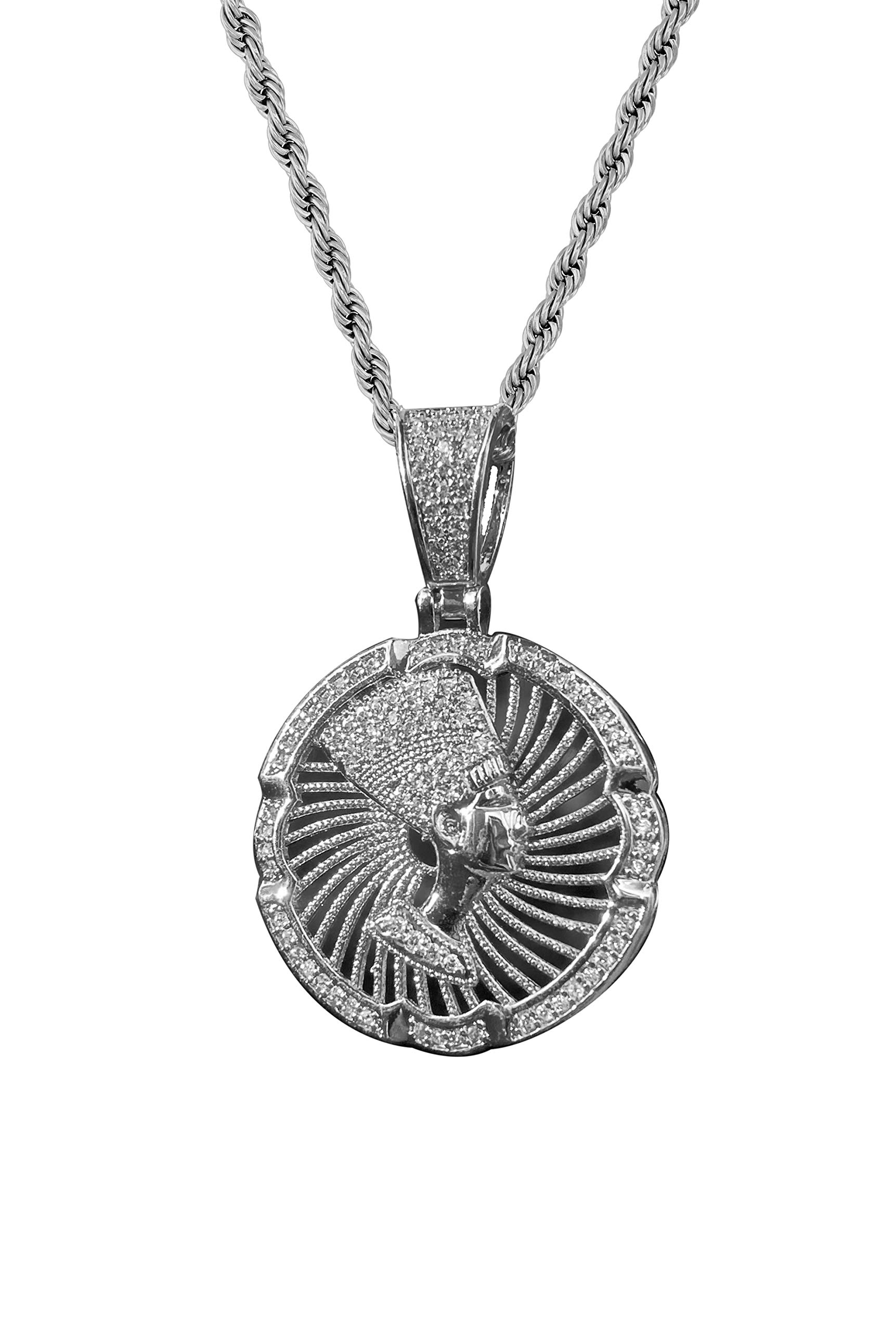 Men Women 14k White Gold Pl Ankh Cross Diamond Ankh Egypt Queen Nefertiti, Egyptian Eye of Horus in Pyramid Pendant Charm Pendant, Stainless Steel Real 2.5 mm Rope Chain, Iced Pendant (24)