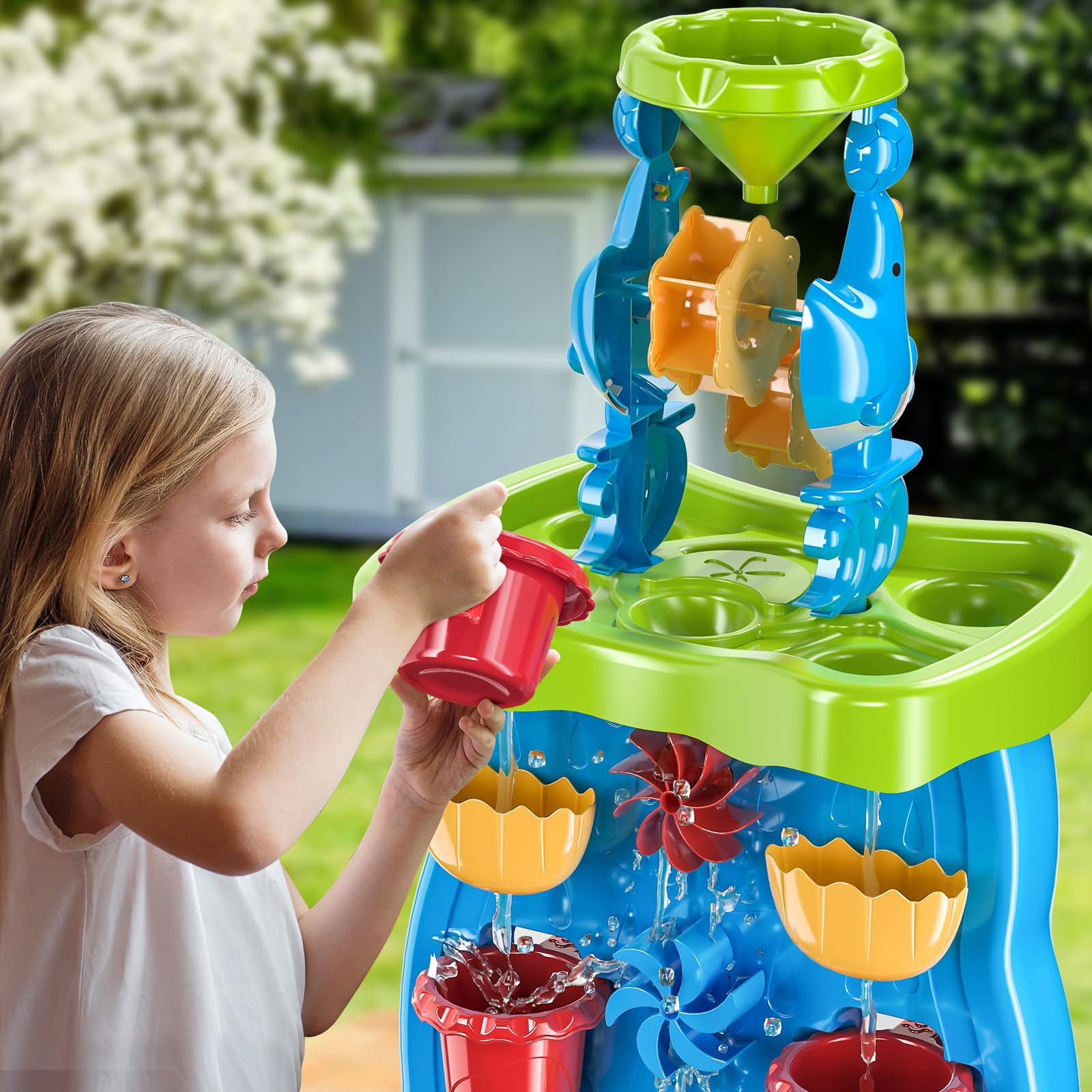 Kids Waterfall Water Table Wall for Toddlers for 3 4 5 6 7 8 Years Old Boys Girls, 32-Pc Accessory Activity Sensory Table Outdoor Double-sided Water Fun Play Toys for Age 3-8