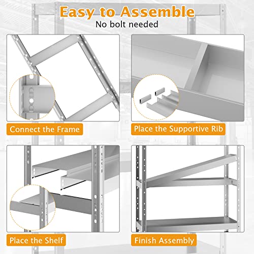 Tangkula Garage Storage Shelves, 5-Tier Metal Shelves for Storage, Shelving Unit with Foot Pads, Heavy Duty Storage Rack, 2866LBS Load Capacity, Bolt-Free Assembly, 39 x 16 x 77 Inches (1, Silver)