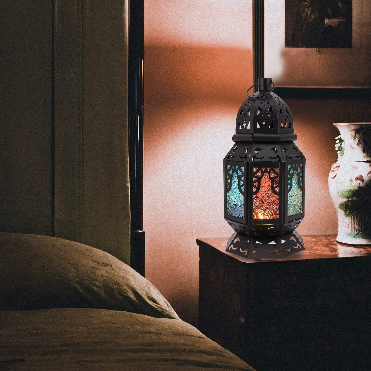 Lewondr Retro Iron Ramadan Candle Lantern, 13.8 Inch Portable Moroccan Wrought Iron Stained Glass Decorative Lantern Candle Holder Hanging Lamp Wind Lantern for Home Decor, Large – Black + Colorful