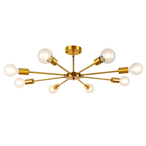 LynPon Gold Sputnik Light Fixture 8 Lights Semi Flush Mount Ceiling Lights Brass Chandelier Industrial Pendant Lighting for Kitchen Dining Living Room Bedroom