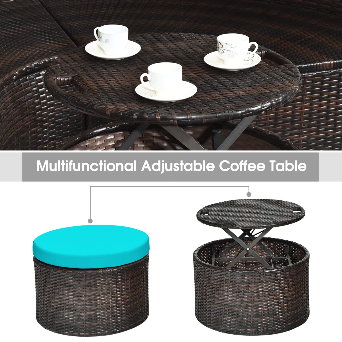 Tangkula Patio Round Daybed with Retractable Canopy, Outdoor Wicker Rattan Furniture Sets, Sectional Cushioned Sofa Set w/Height Adjustable Coffee Table, Rattan Conversation Sets (Turquoise)