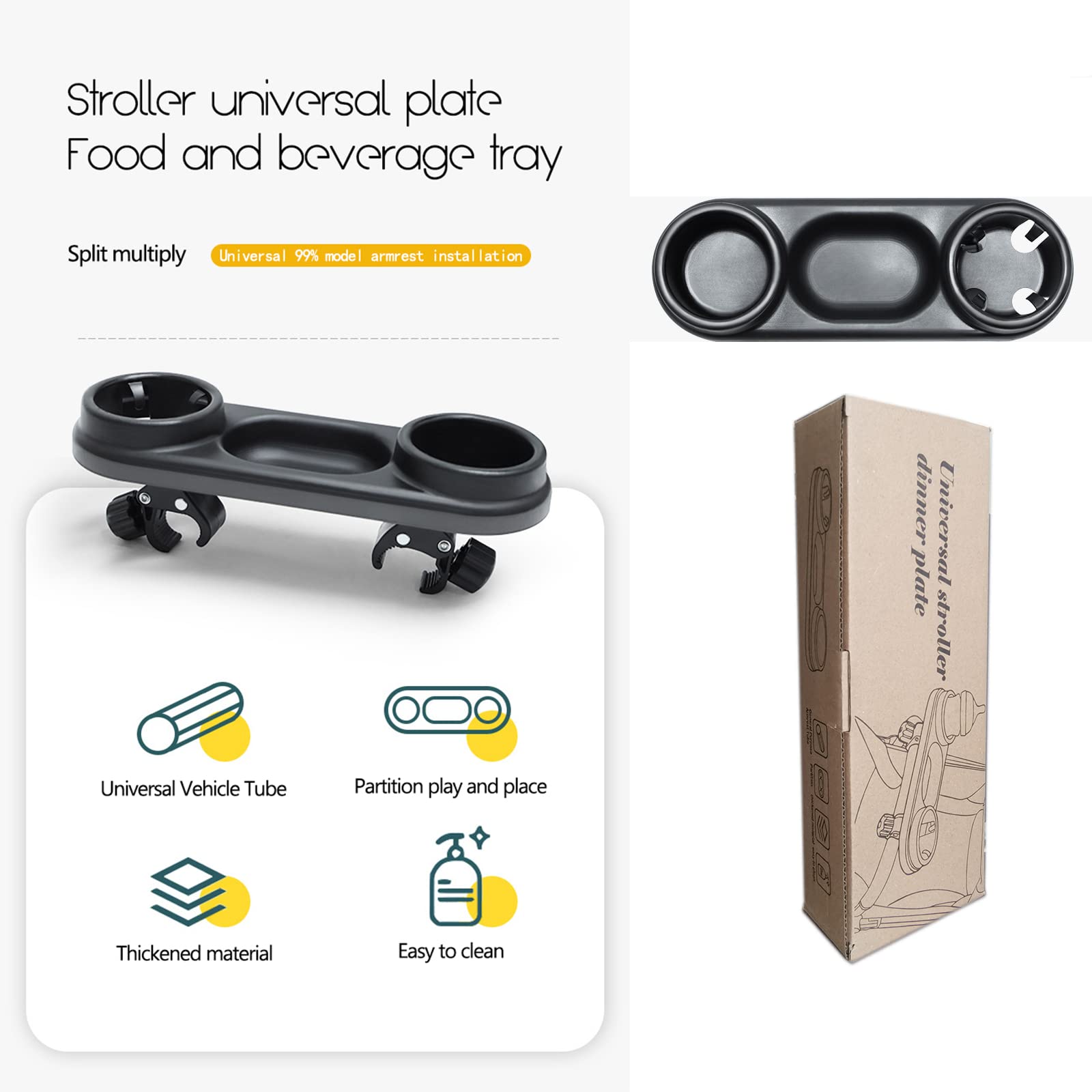Stroller Snack Tray with 2 Stroller Cup Holder Positions, Stroller Child Snack Tray Universal Fits Most Types of Strollers with Armrests, Universal Stroller Snack Tray Attachment for Travel(Black)