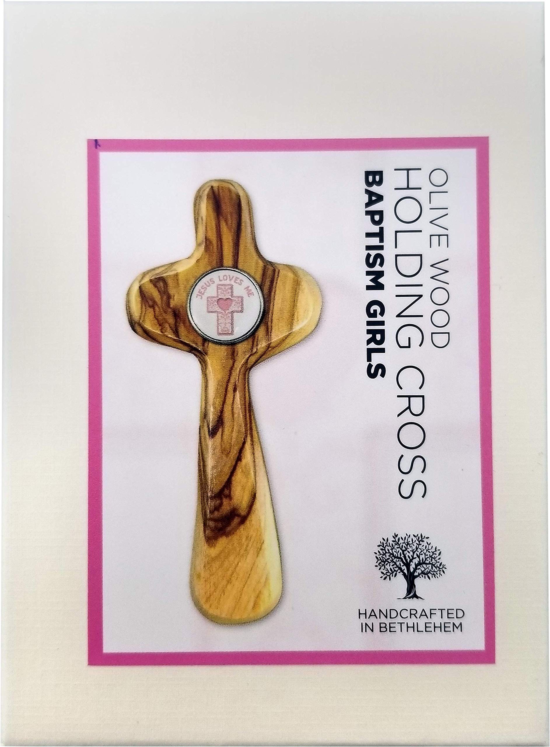 Logos Trading Post Girls Baptism Cross, Holy Land Olive Wood Deluxe Holding Cross from Israel, Wooden Baptismal Ceremony Keepsake Gift in Hard Shell Gift Box with Certificate of Authenticity