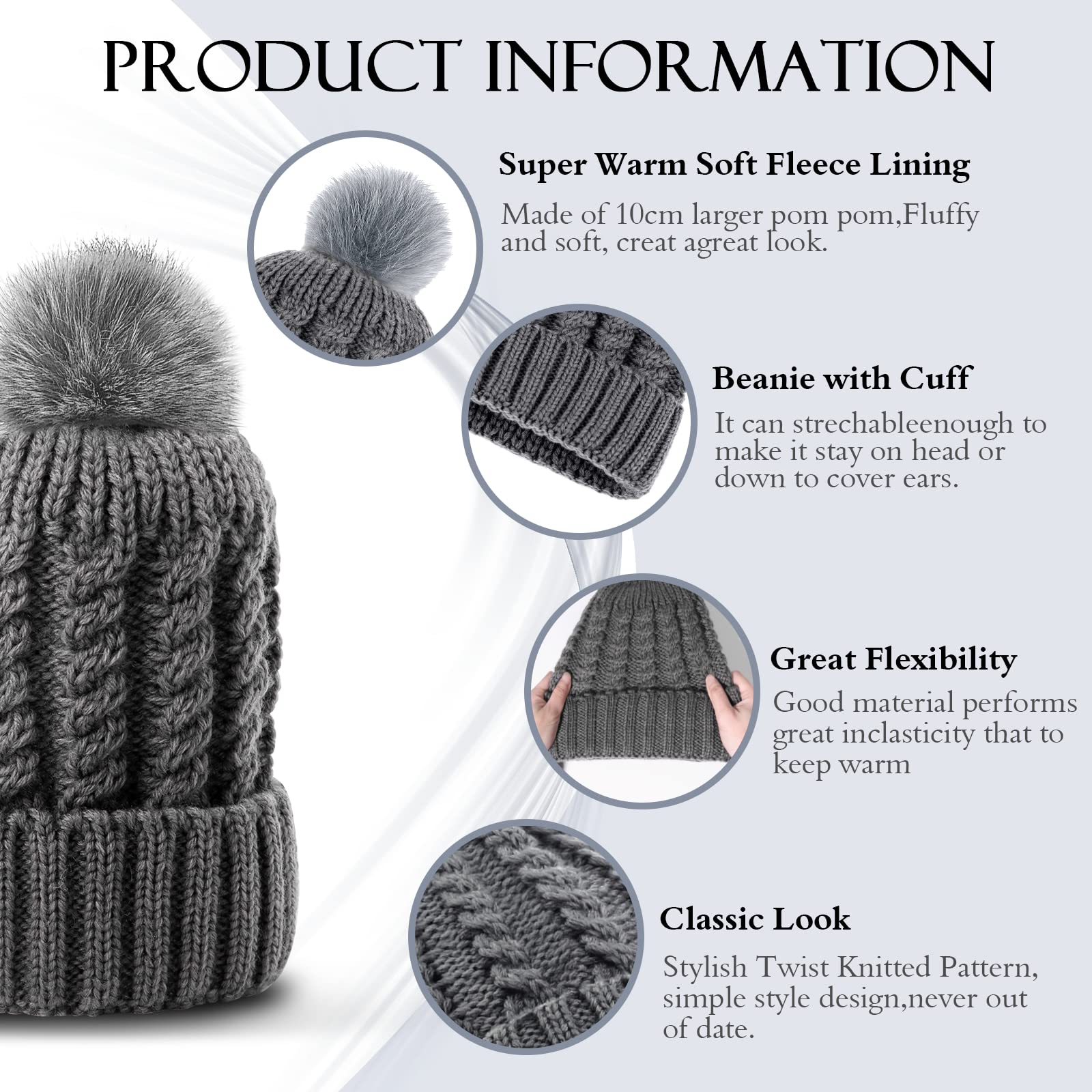 MooonGem Womens Winter Beanie Hats,Soft Beanie with Warm Lined Fashion Warm Chunky Soft Stretch Hats,Thick Knitted Ski Cap Warm Hat for Cold Weather Outdoor Activities Camping Hiking Skiing Grey