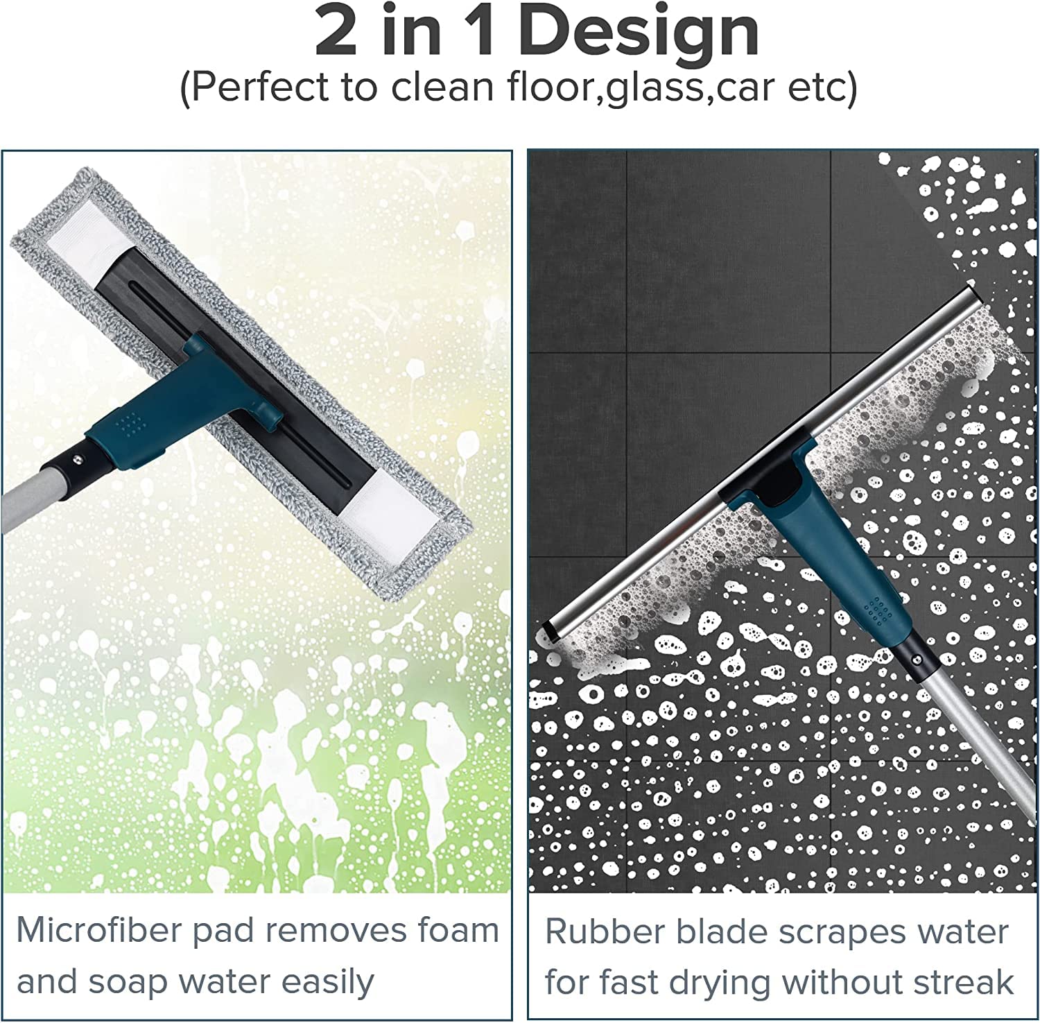 JEHONN Window Shower Squeegee for Glass Door with 60 Inches Long Handle, Professional Floor Squeegee Mop for Cleaning Garage Tile Concrete Mirror Car Windshield Bathroom Home