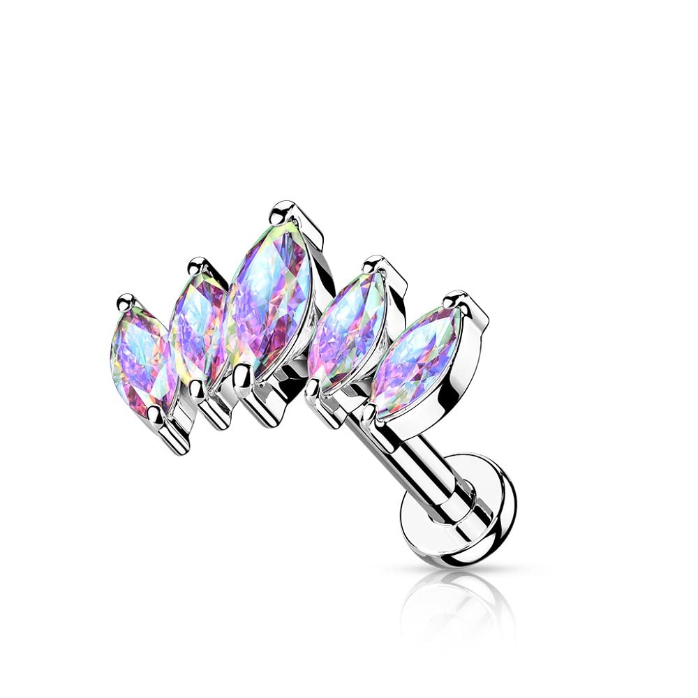 Pierced Owl 16GA 316L Stainless Steel 5 CZ Crystal Marquise Fan Internally Threaded Stud (Aurora Borealis)