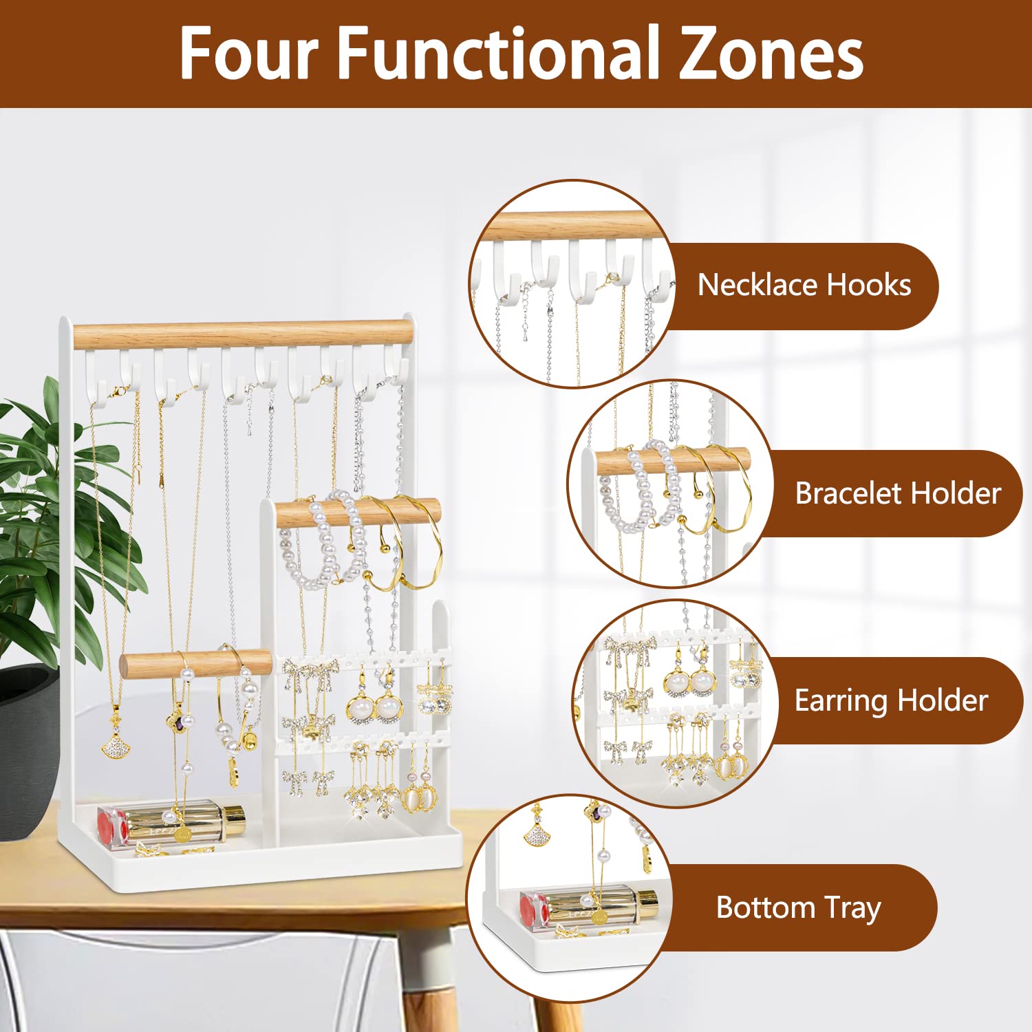 MetWoods Jewelry Holder Organizer with Earring Tray and 10 Hooks, 4 Tier Necklace Holder Display for Earrings Watches Bracelet Rings (White)