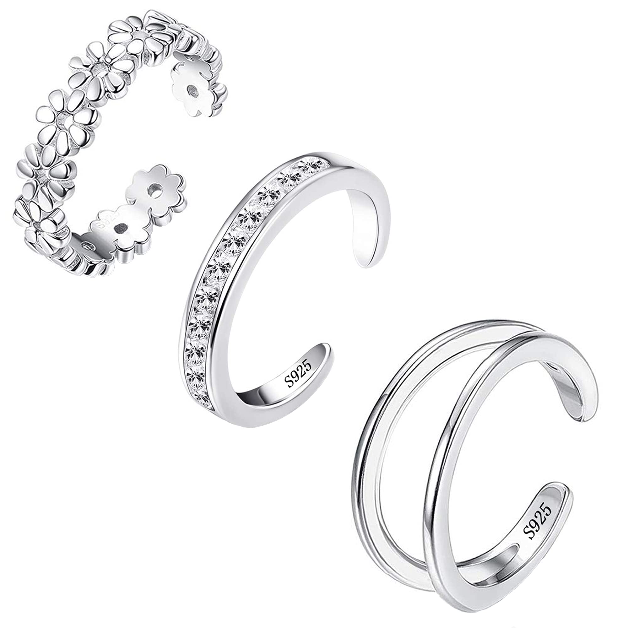 MJust 3pcs 925 Sterling Silver Toe Rings for Women Hypoallergenic Adjustable Open Band Toe Rings Jewelry Set (Silver)