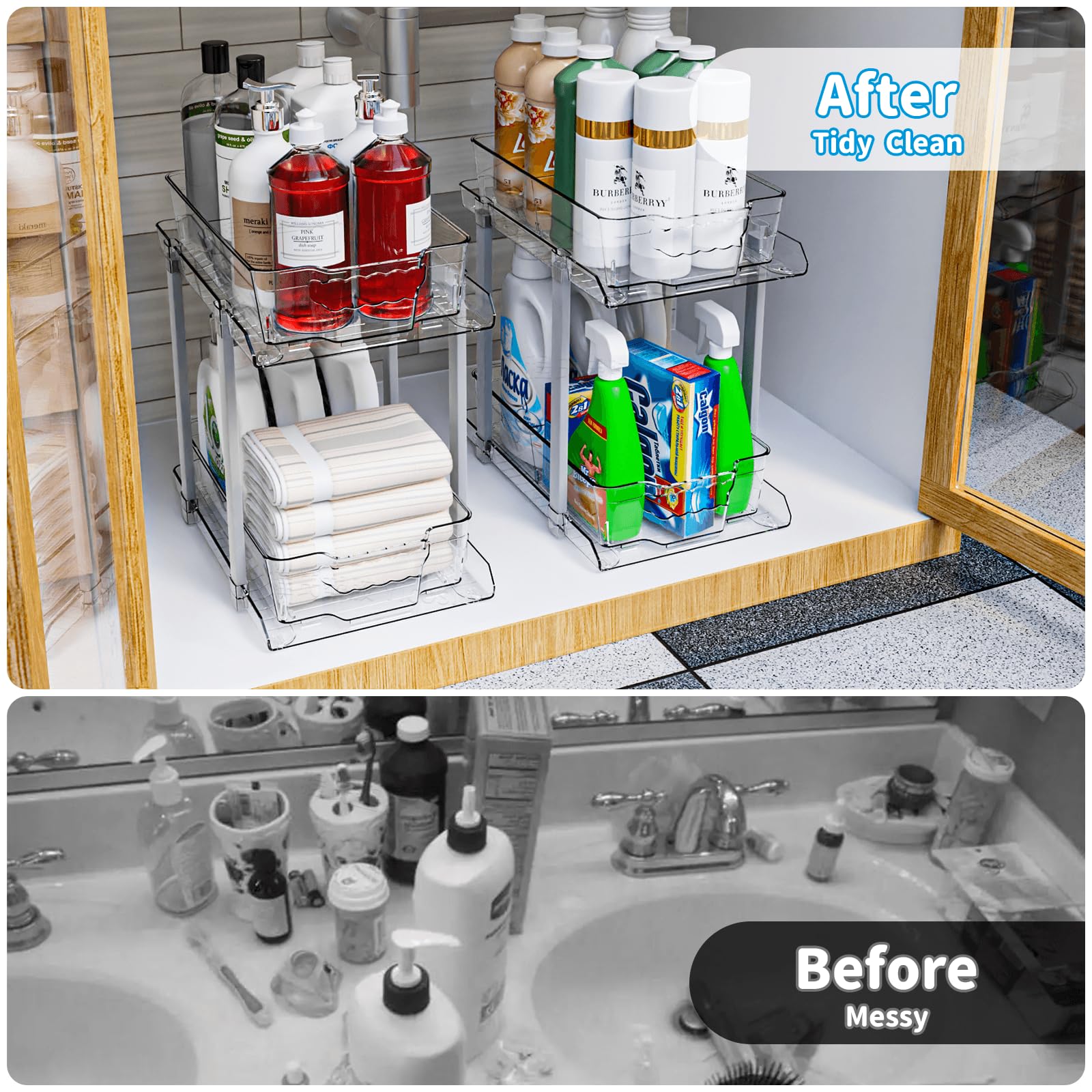 Yieach 2 Sets 9.7" Tall Under Sink Organizers And Storage,Multi-Purpose 2 Tier Under Bathroom Sink Organizer and Under Cabinet Storage,Clear Pull Out Medicine Cabinet Organizer With 8 Movable Dividers