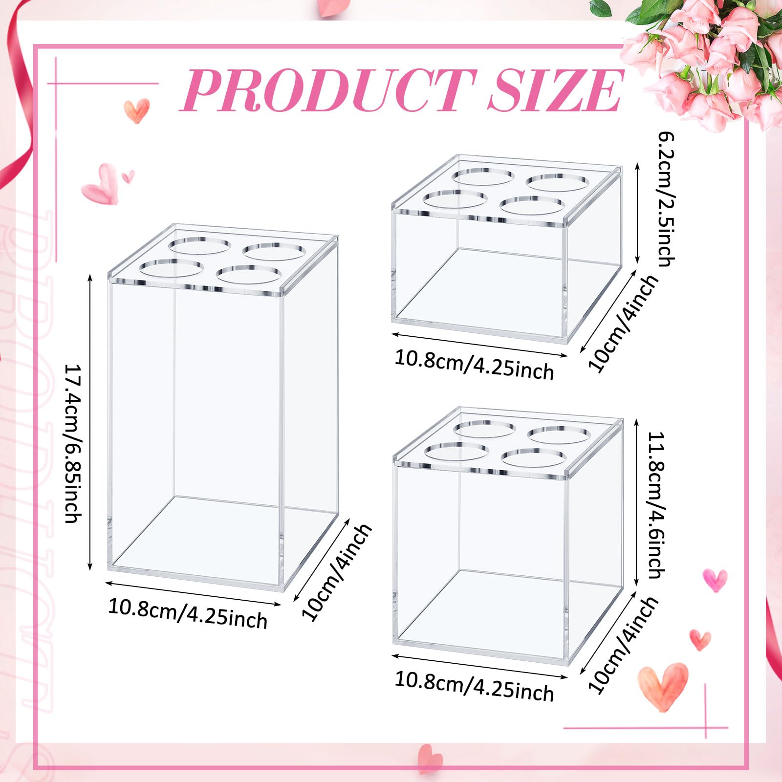 Mifoci 3 Pcs Clear Acrylic Flower Vase Floral Long Square Centerpiece for Dining Table Modern Decorative Acrylic Flower Box for Home Wedding Centerpiece Decor, 3 Different Heights
