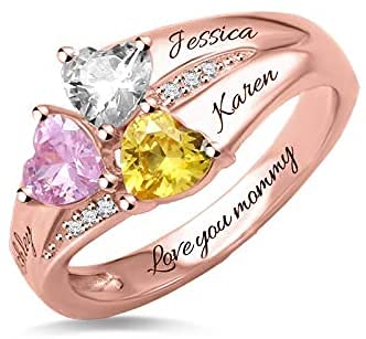 Mothers Ring Sterling Silver with 3 Birthstones & Names Personalized Women Band Custom Three Heart Shaped Stones Children Names White Gold Plated Gift for Mothers Day from Son Daughter