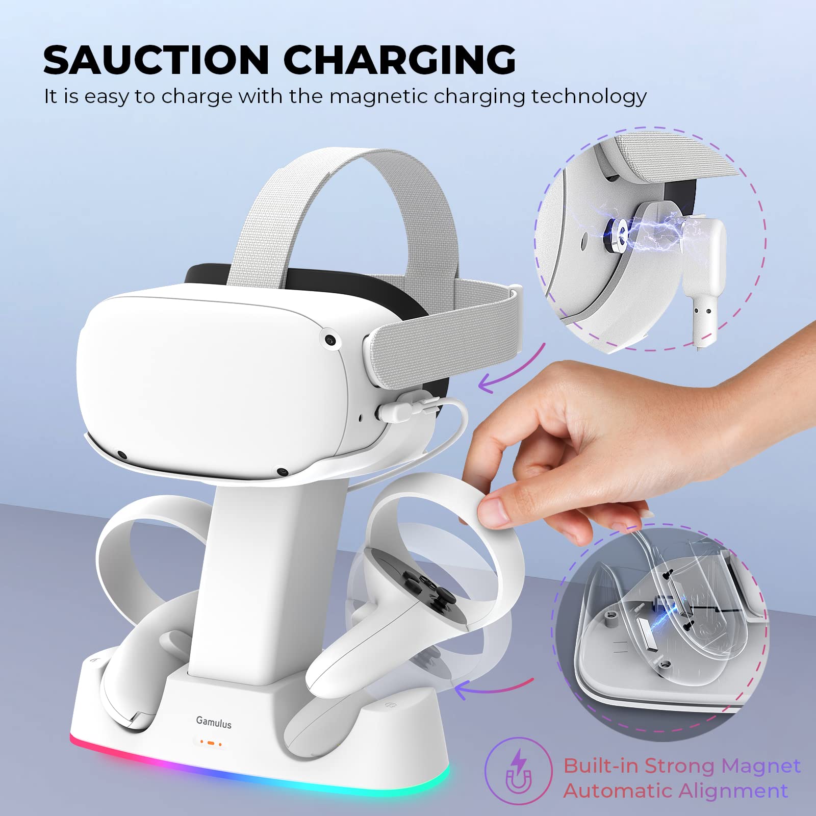 RGB Charging Dock for Meta Quest 2, VR Headset Stand & Controllers, Magnetic Fast Charger Docking Station Stand, 2200mAh Rechargeable Batteries, 7 Lighting Modes and Fantastic Gaming Atmosphere Light