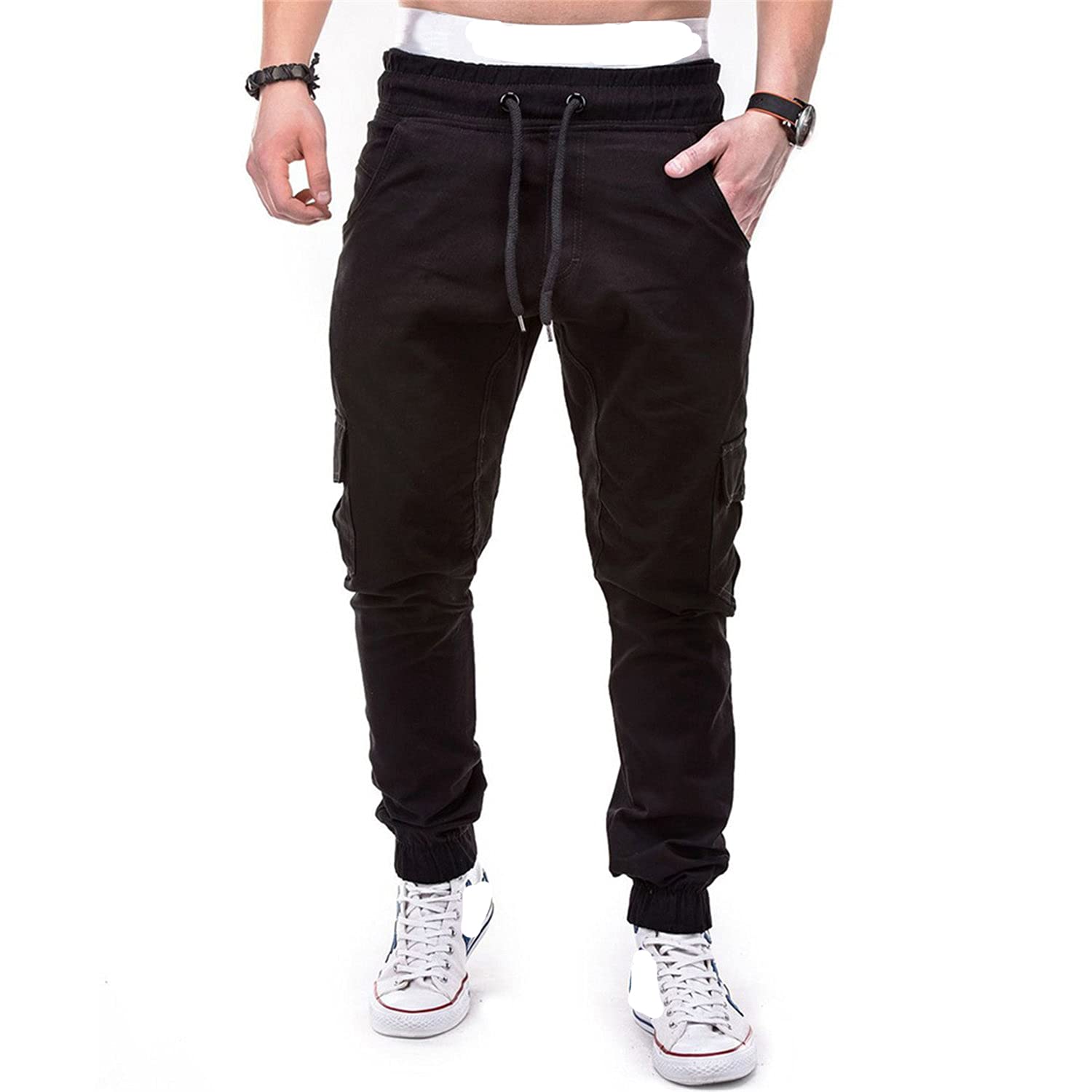 Men's Drawstring Waist Military Jogger Pants Hip Hop Cargo Multi Pockets Trousers Casual Slim Fit Athletics (Black,Small)