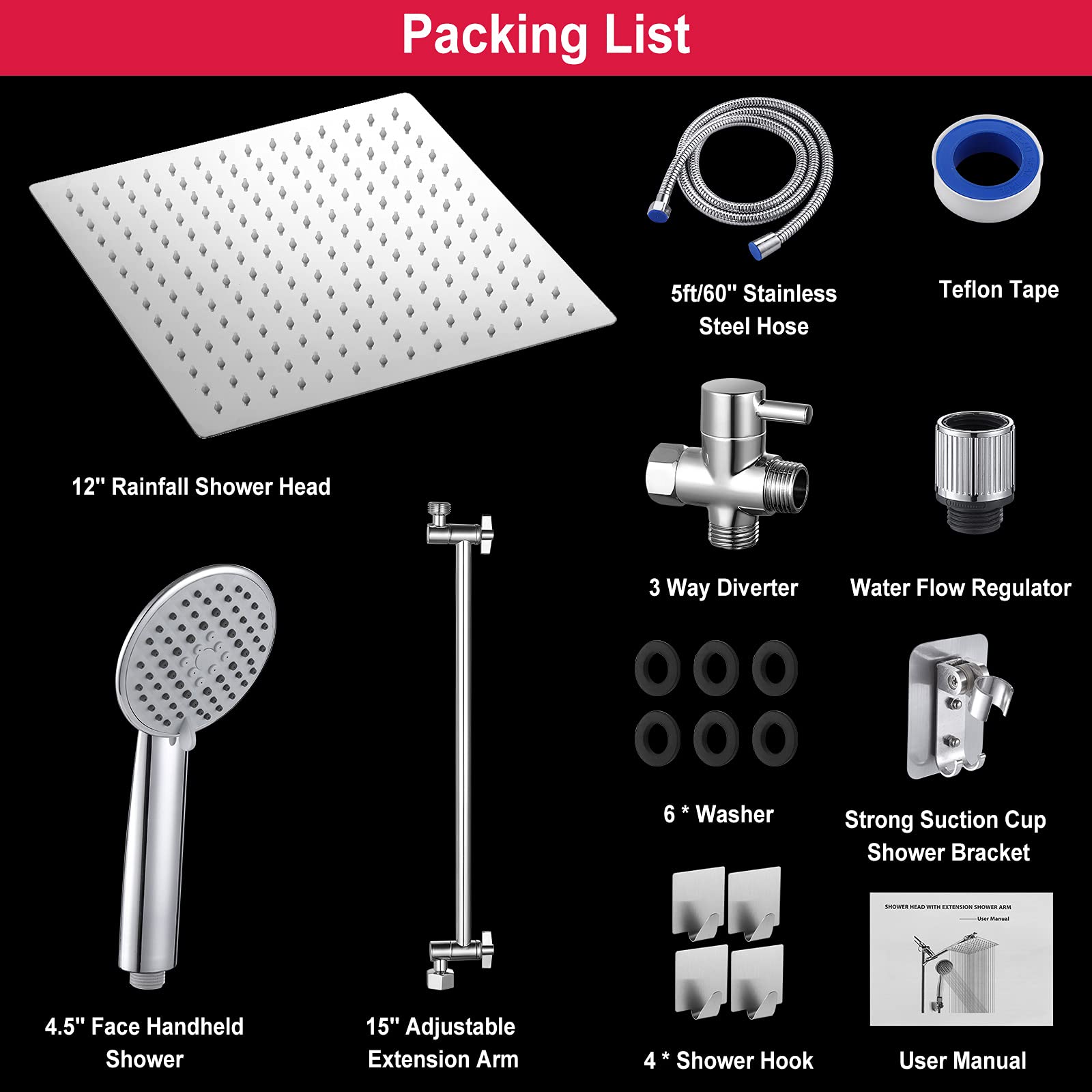 Shower Head, NERDON 12'' High Pressure Rainfall Shower Head Handheld Combo 5 Settings with 15'' Brass Height/Angle Adjustable Extension Arm 60" Hose, Stainless Steel Bath Rain Showerhead with 4 Hooks