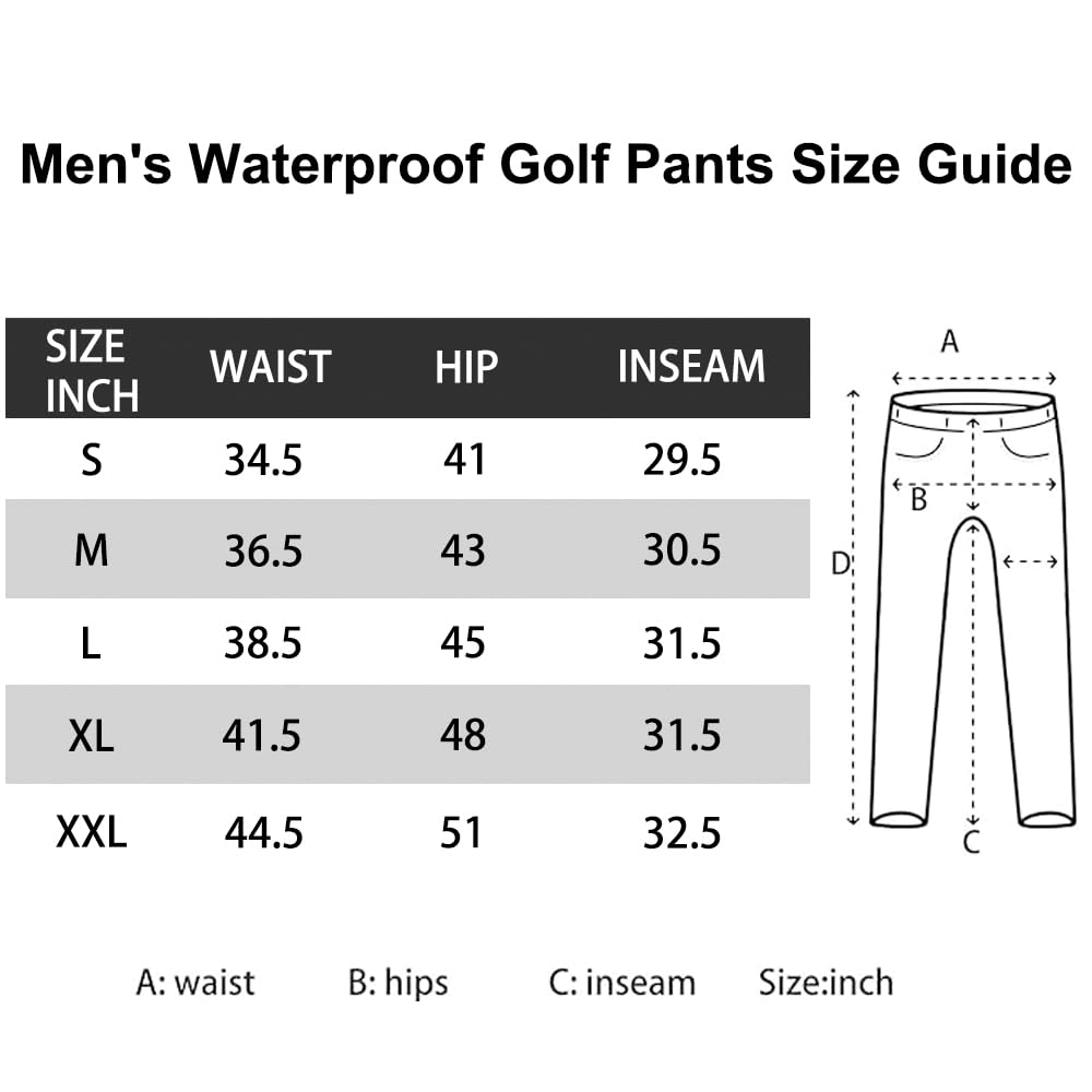 Men's Golf Pants Waterproof Comfort-Fit Rain Pants Lightweight Breathable Hiking Pants with Pockets (Black, L)
