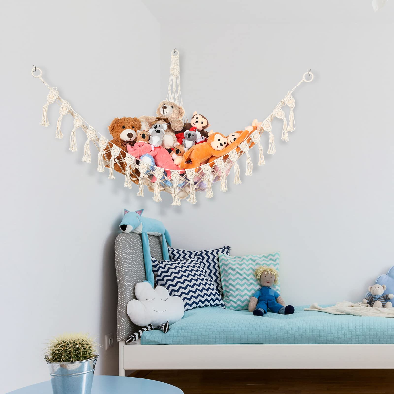 Stuffed Animal Net or Hammock, Stuffed Animal Storage Hammock for Wall with LED Light - Boho Hanging Plush Toy Organizer Corner Net for Kids Bedroom Large Capability Toy Hammock