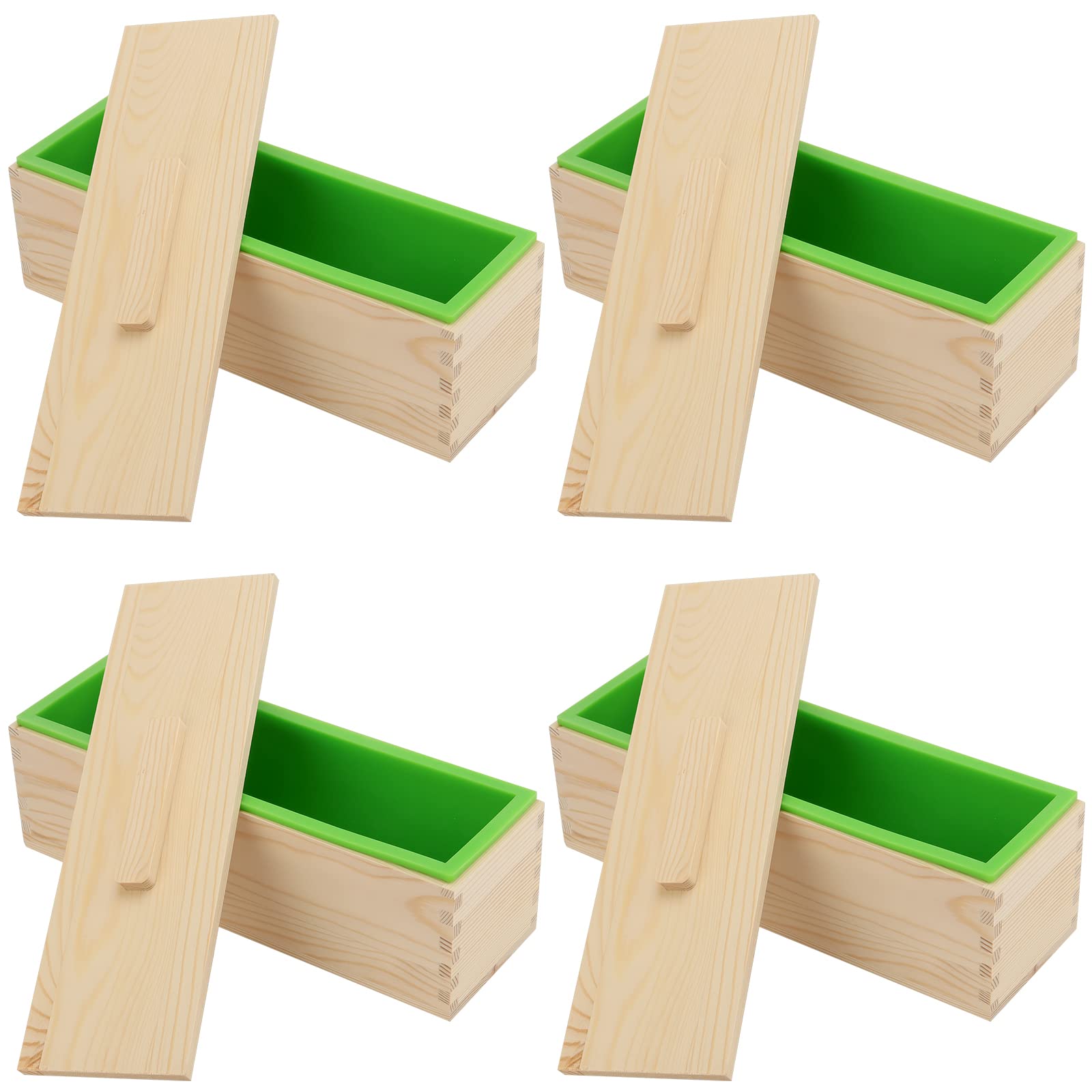 KEILEOHO 4 PCS 42oz Soap Molds, Rectangular Silicone Soap Making Molds with Wood Box, Flexible Soap Silicone Mold Kit for Soap and Cake Making, DIY, Green