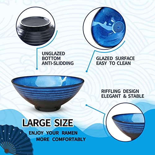 uniidea Ramen Bowl, Japanese Ramen Bowls Set, Large Ceramic Asian Pho Soup Bowl 42 oz with Chopsticks and Spoon, Big Noodle Bowls Blue,2 Sets (6 Pieces)