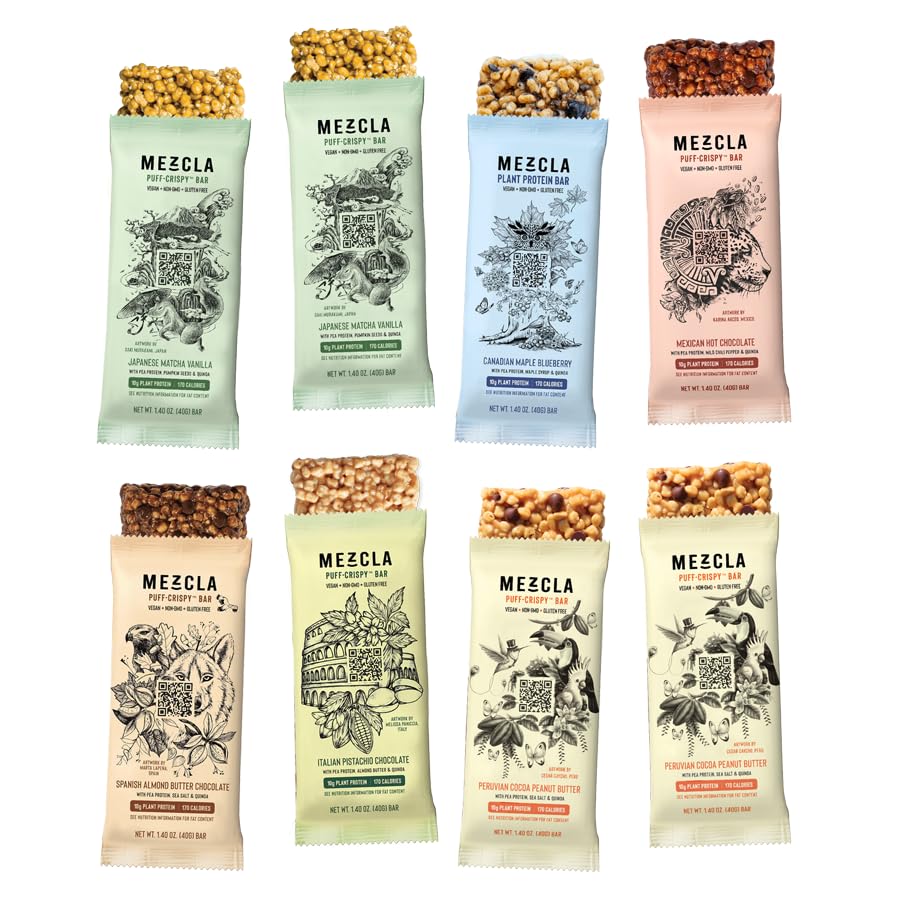 Mezcla Vegan Chocolate High Protein Bars, Gluten Free, Plant Based, Non GMO, No Dairy, 10g Protein, Healthy Snacks, 6 Flavor Variety Pack (8 Bars)