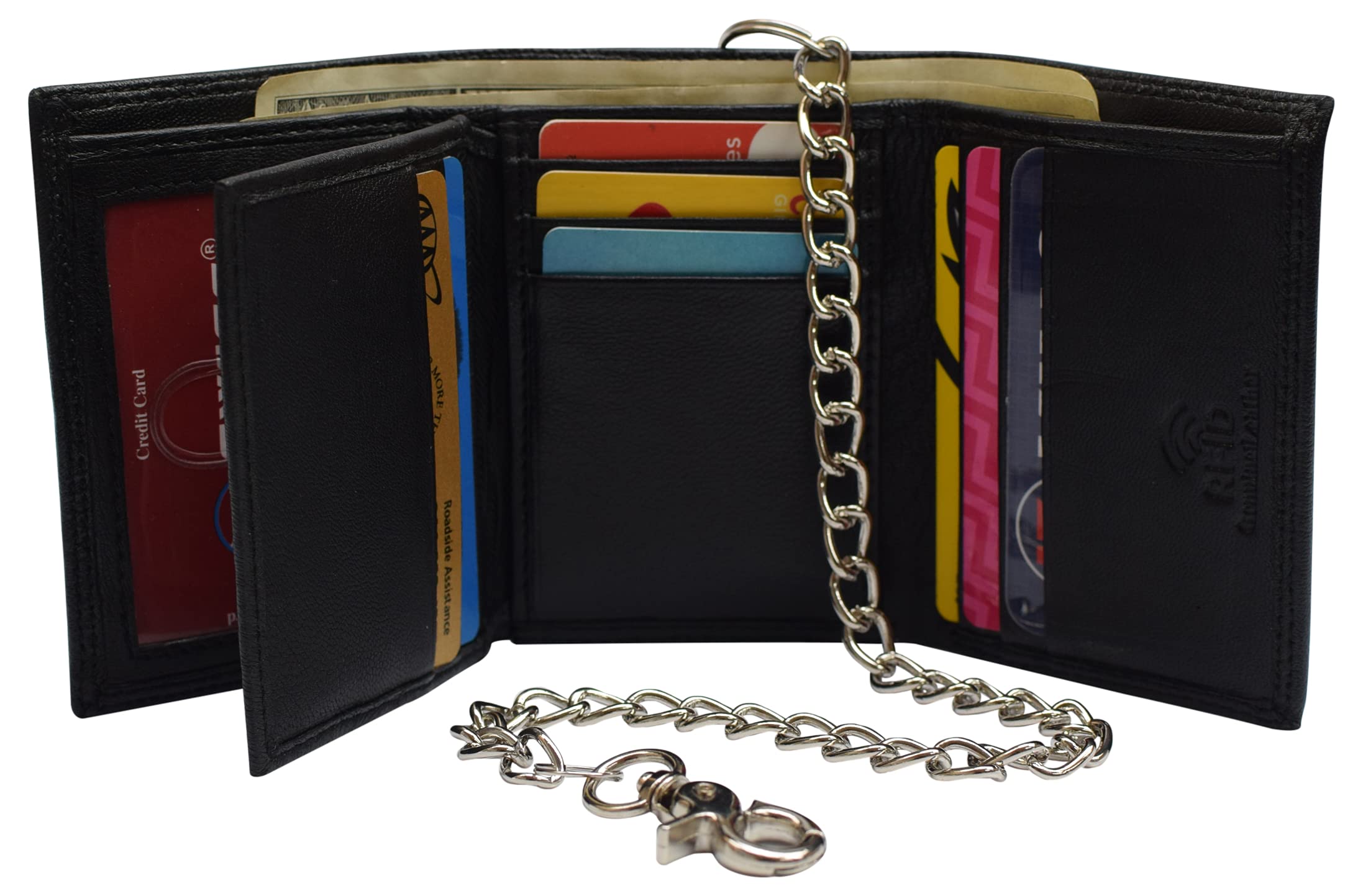 Men's RFID Blocking Premium Leather Chain Trifold Wallet (Black with Chain)