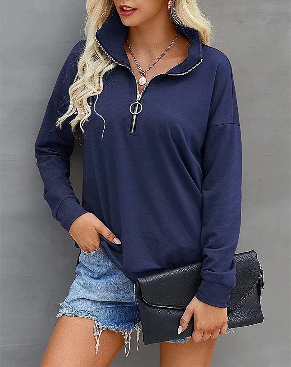ORANDESIGNE Women’s Casual Long Sleeve Lapel Sweatshirt Solid Color Loose Fit Half Zip Up Pullover Tops A Blue