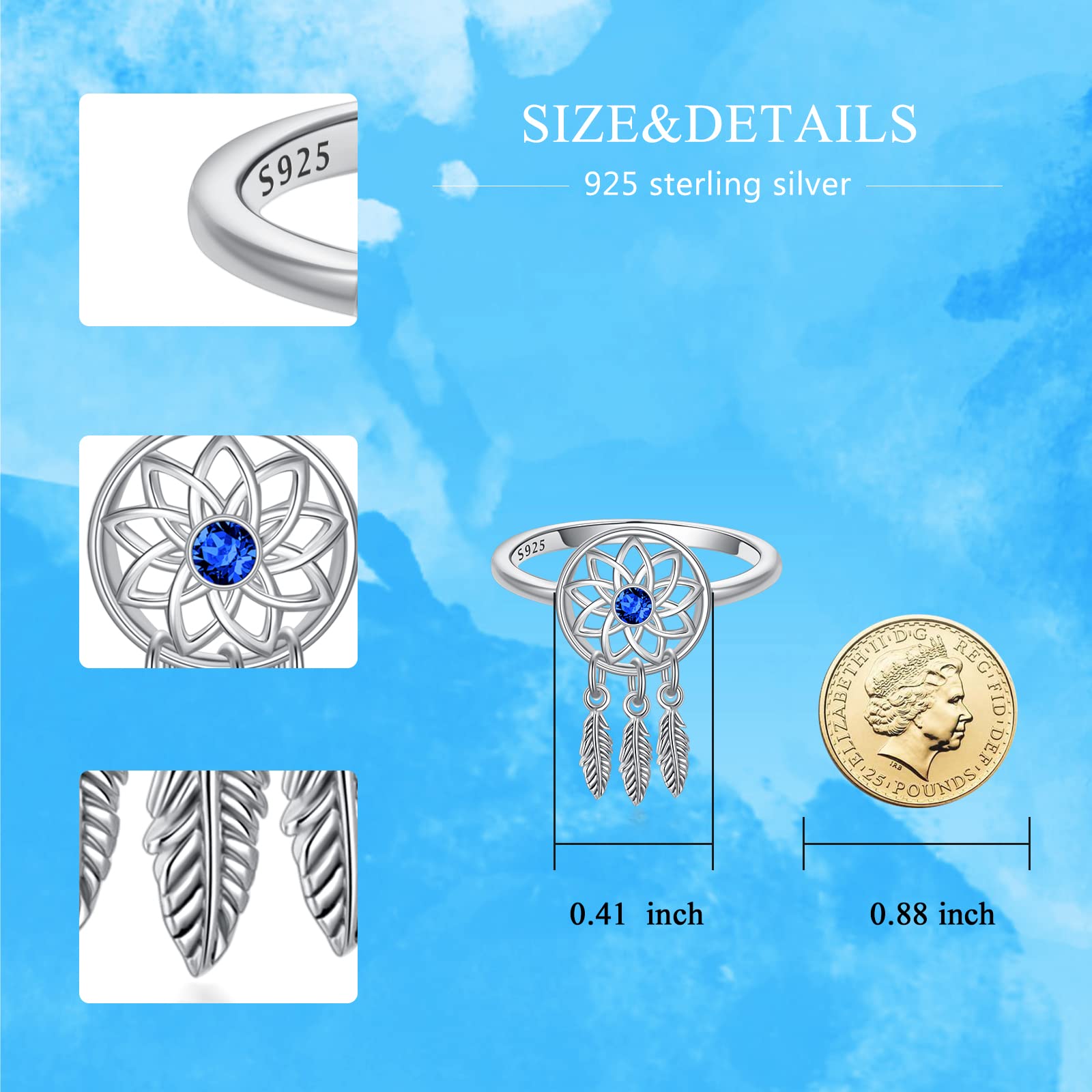 PLATYCO Dream Catcher Ring 925 Sterling Silver Tassel Ring Mother's Day Gift for Women (7)