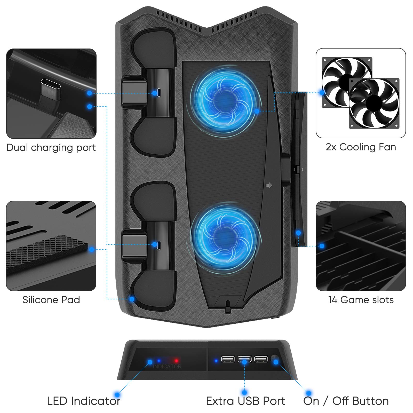 MENEEA Vertical Stand for PS5 Digital Edition/Ultra HD with Dual Controller Charging Station & Suction Cooling Fan & 14 Retractable Game Slots, for PS5 Gaming Accessories for PS5 Console