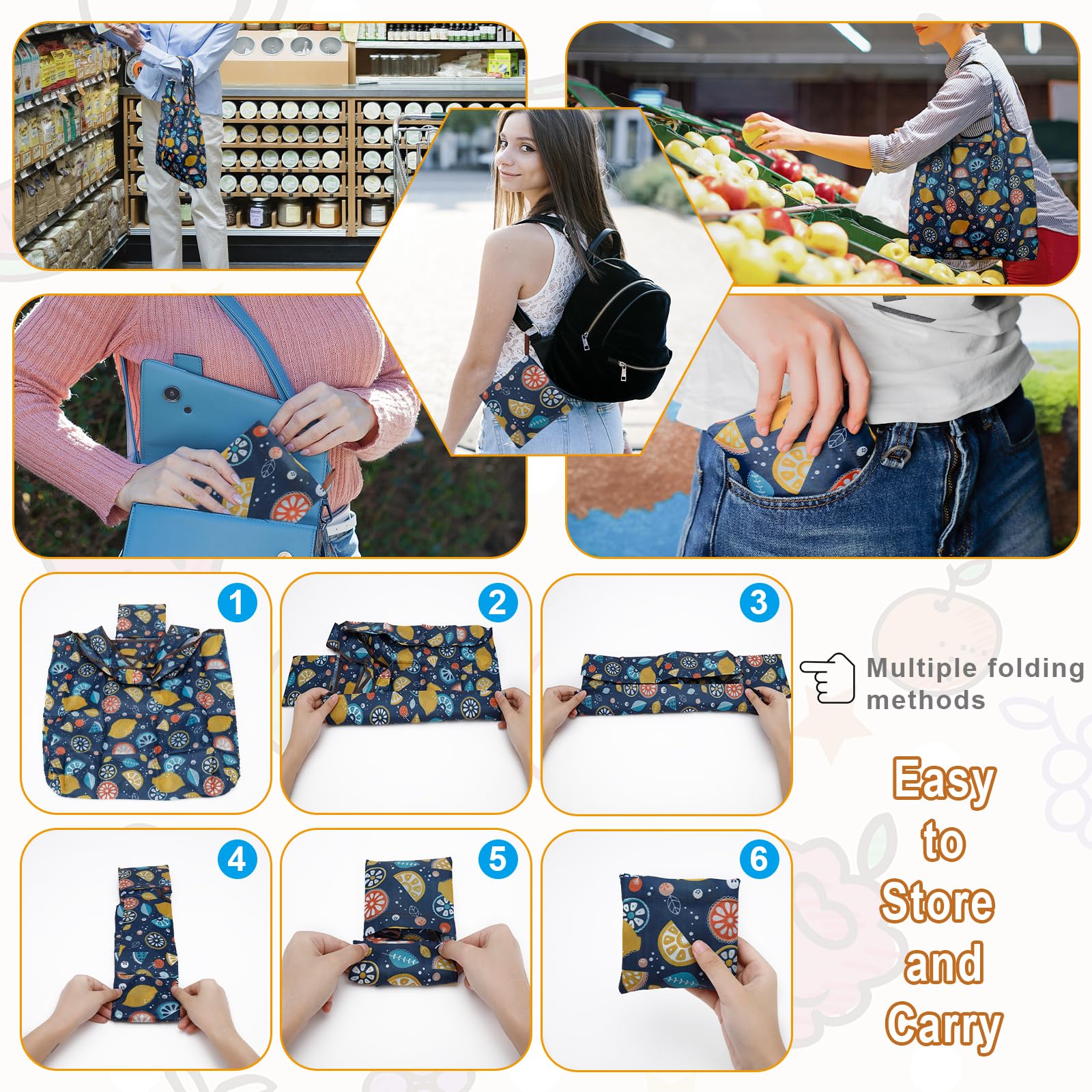 Kemoxan 6 Pack Reusable Shopping Bags ,Foldable Waterproof Grocery Totes,Washable Durable Sturdy Nylon Separated Storage Pouch, Easy to Store and Carry 6 Pattern Eco-friendly Bags.